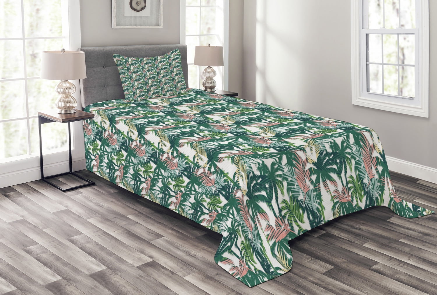 Ambesonne Palm Tree Quilted Bedspread Set 2 Pcs, Dreamy Jungle Foliage ...