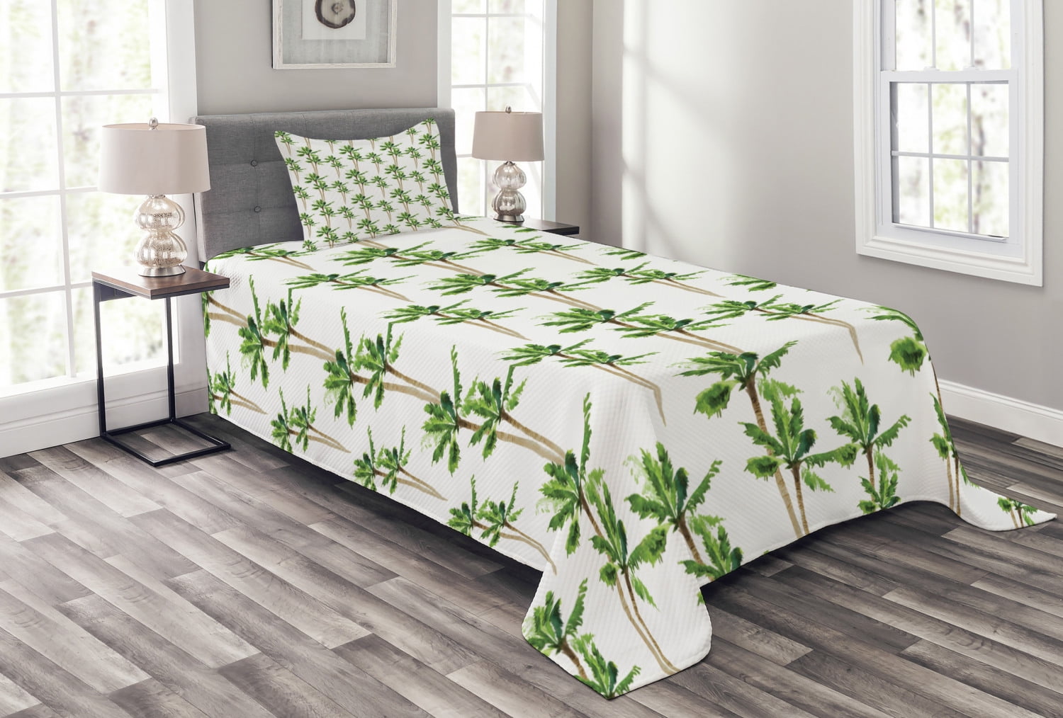 Ambesonne Palm Tree Quilted Bedspread Set 2 Pcs, Forest in Watercolors ...