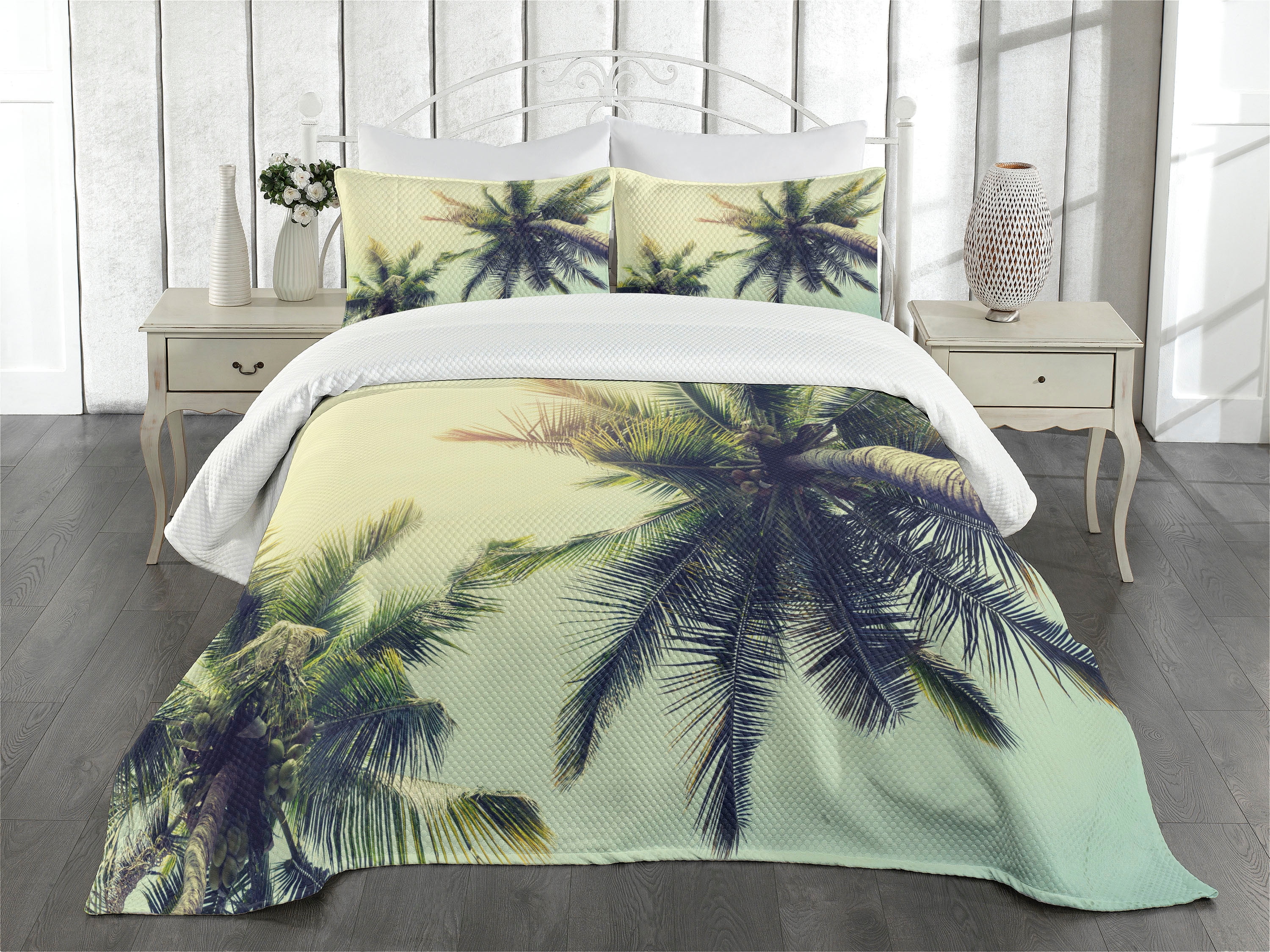 Ambesonne Palm Tree Quilted Bedspread Set 3 Pcs, Caribbean Coastline ...