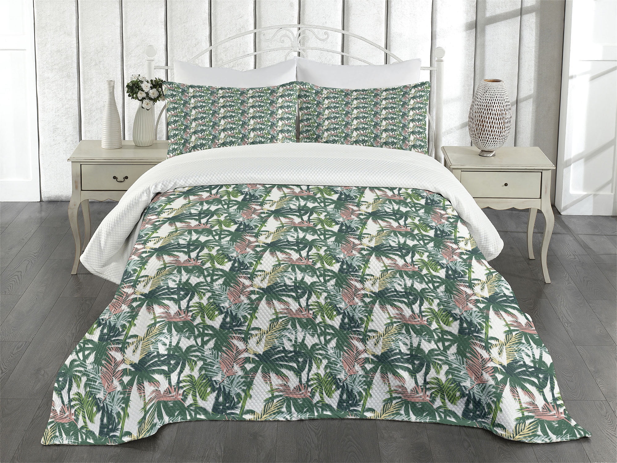 Ambesonne Palm Tree Quilted Bedspread Set 3 Pcs, Dreamy Jungle Foliage ...