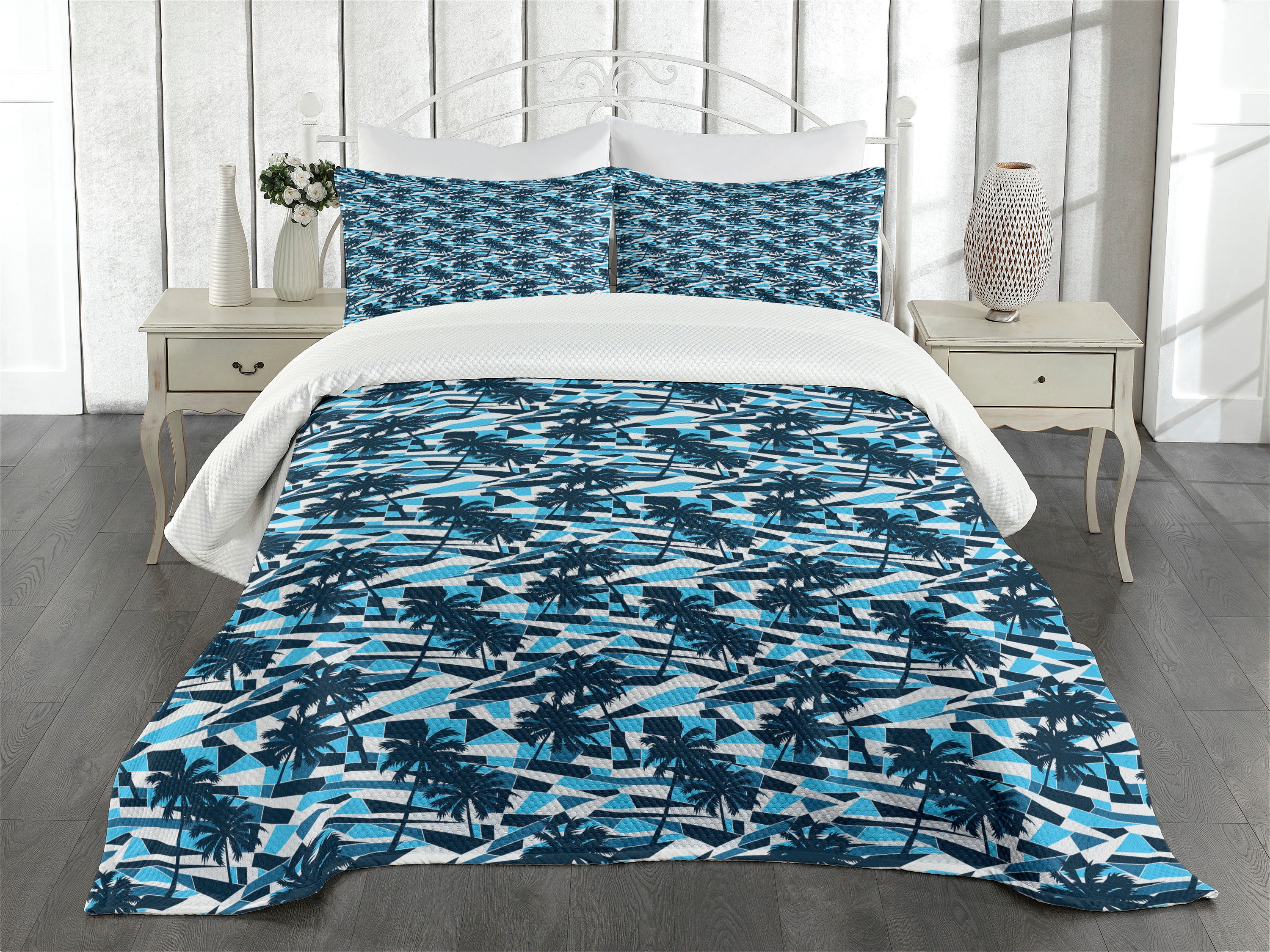 Ambesonne Palm Tree Quilted Bedspread Set 3 Pcs, Geometric Blue Shades ...