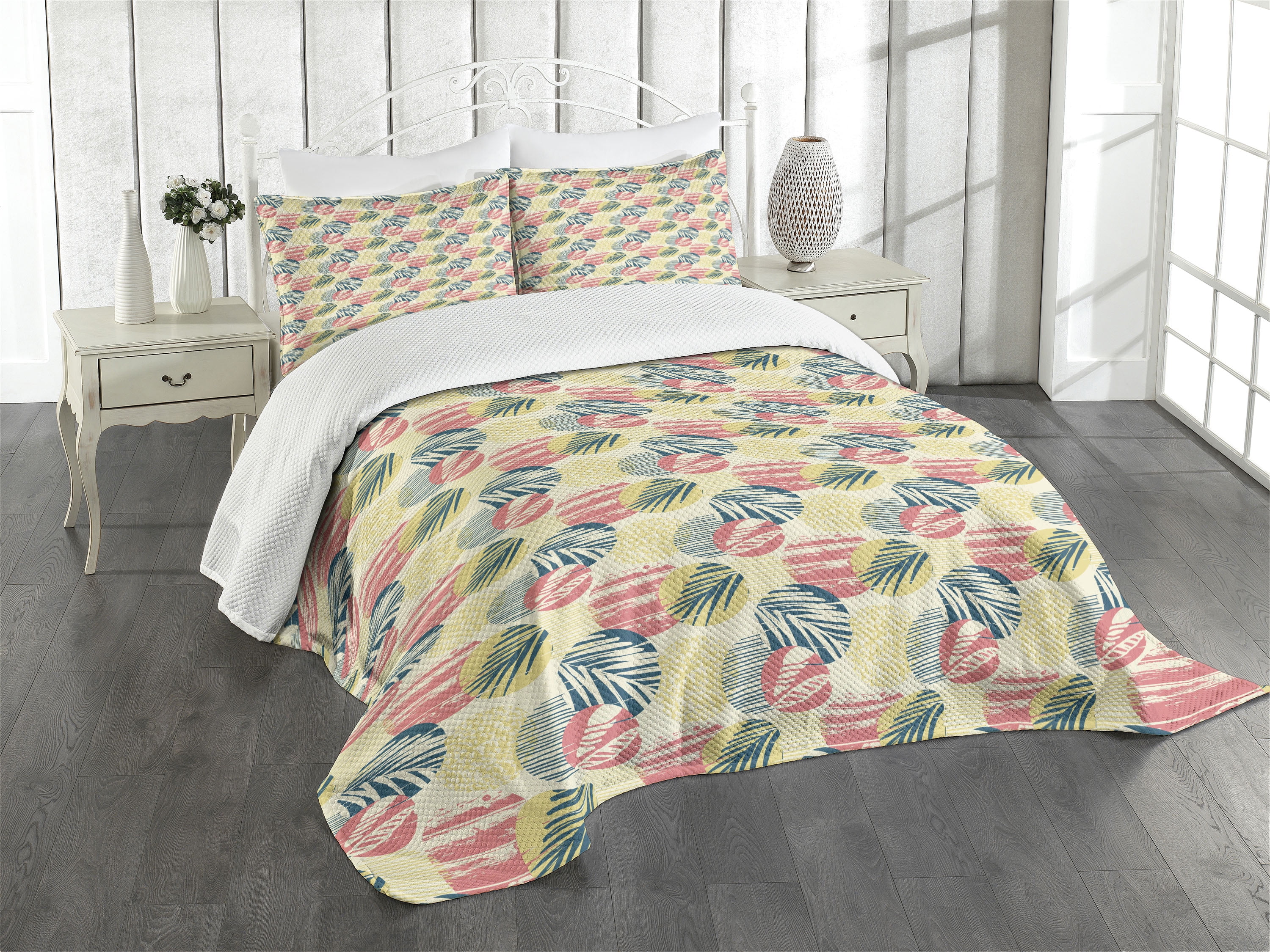Ambesonne Palm Tree Quilted Bedspread Set 3 Pcs, Grunge Brazil Leaves ...