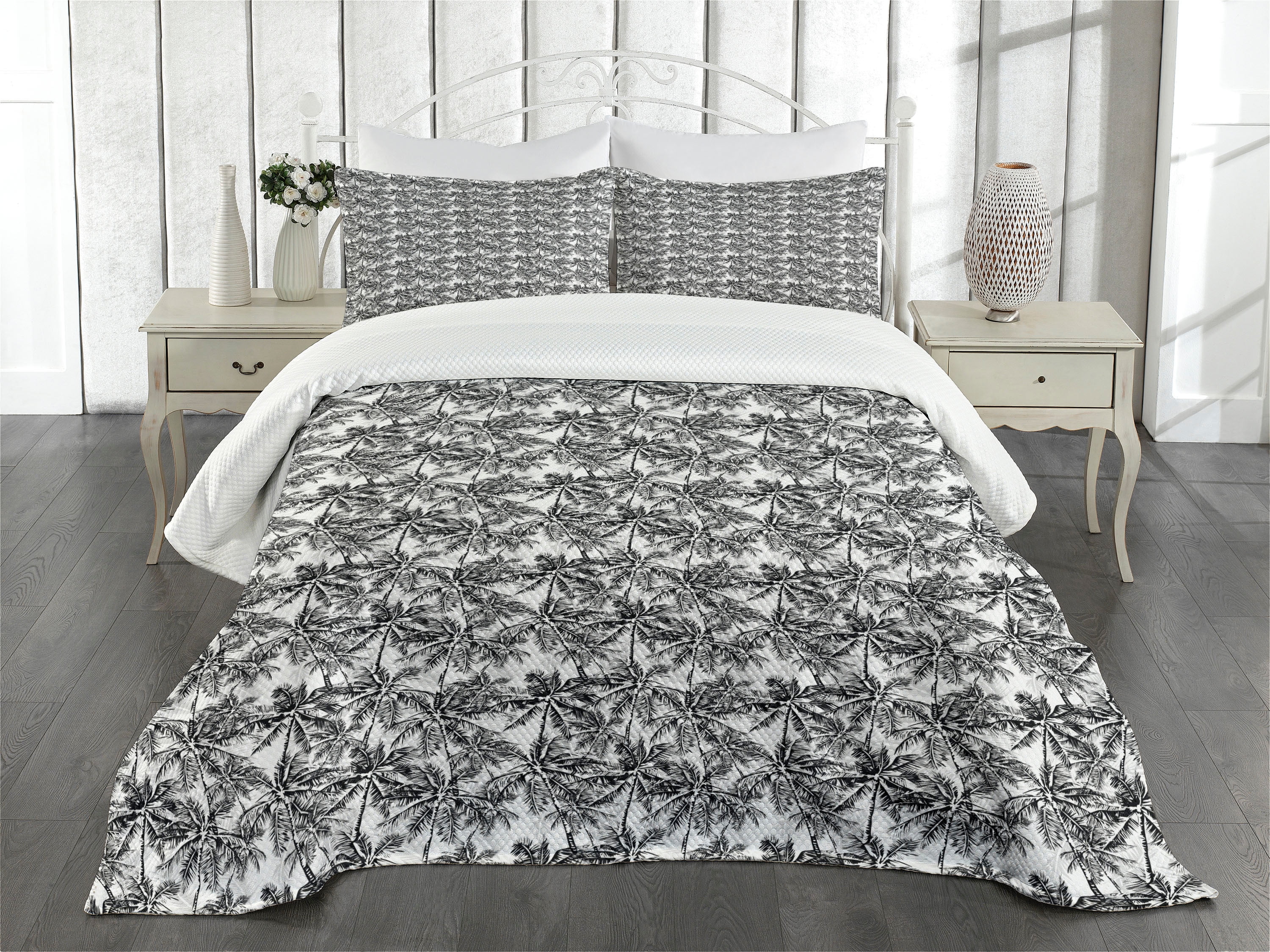 Ambesonne Palm Tree Quilted Bedspread Set 3 Pcs, Monochrome Woodland ...