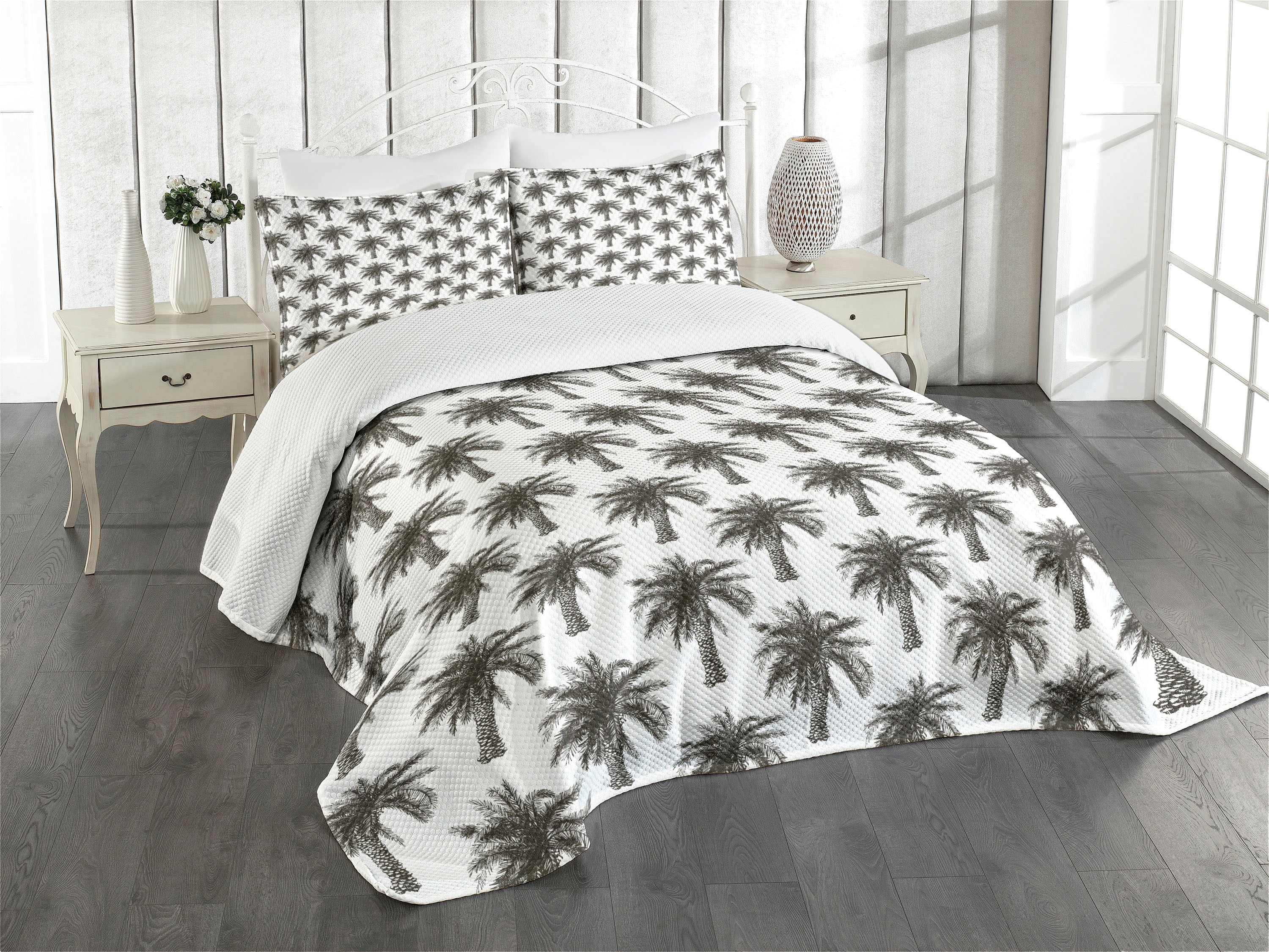 Ambesonne Palm Tree Quilted Bedspread Set 3 Pcs, Retro Growth Nature ...