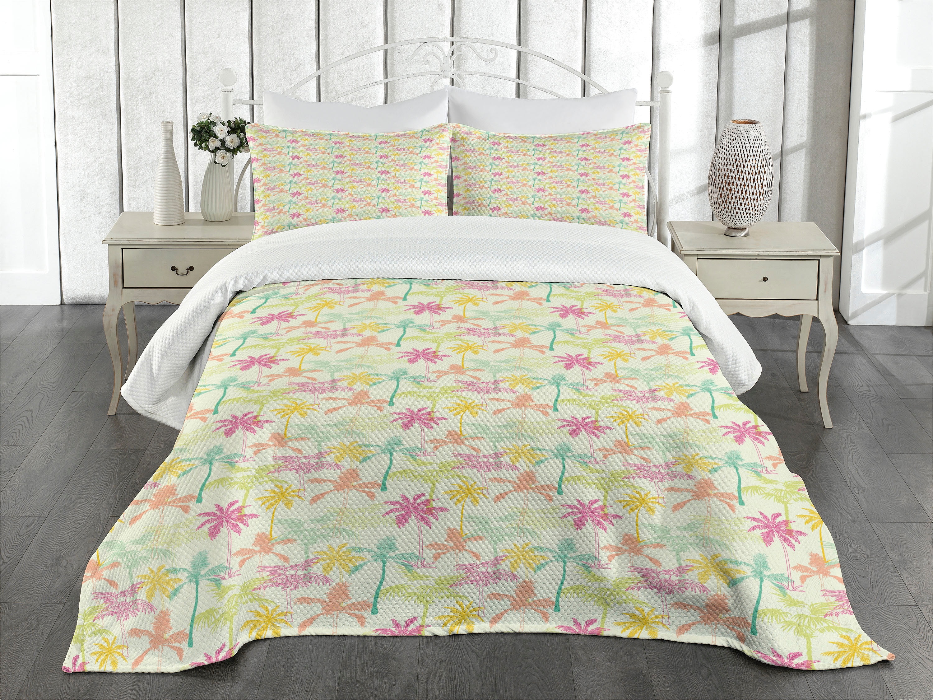 Ambesonne Palm Tree Quilted Bedspread Set 3 Pcs, Silhouettes in Color ...