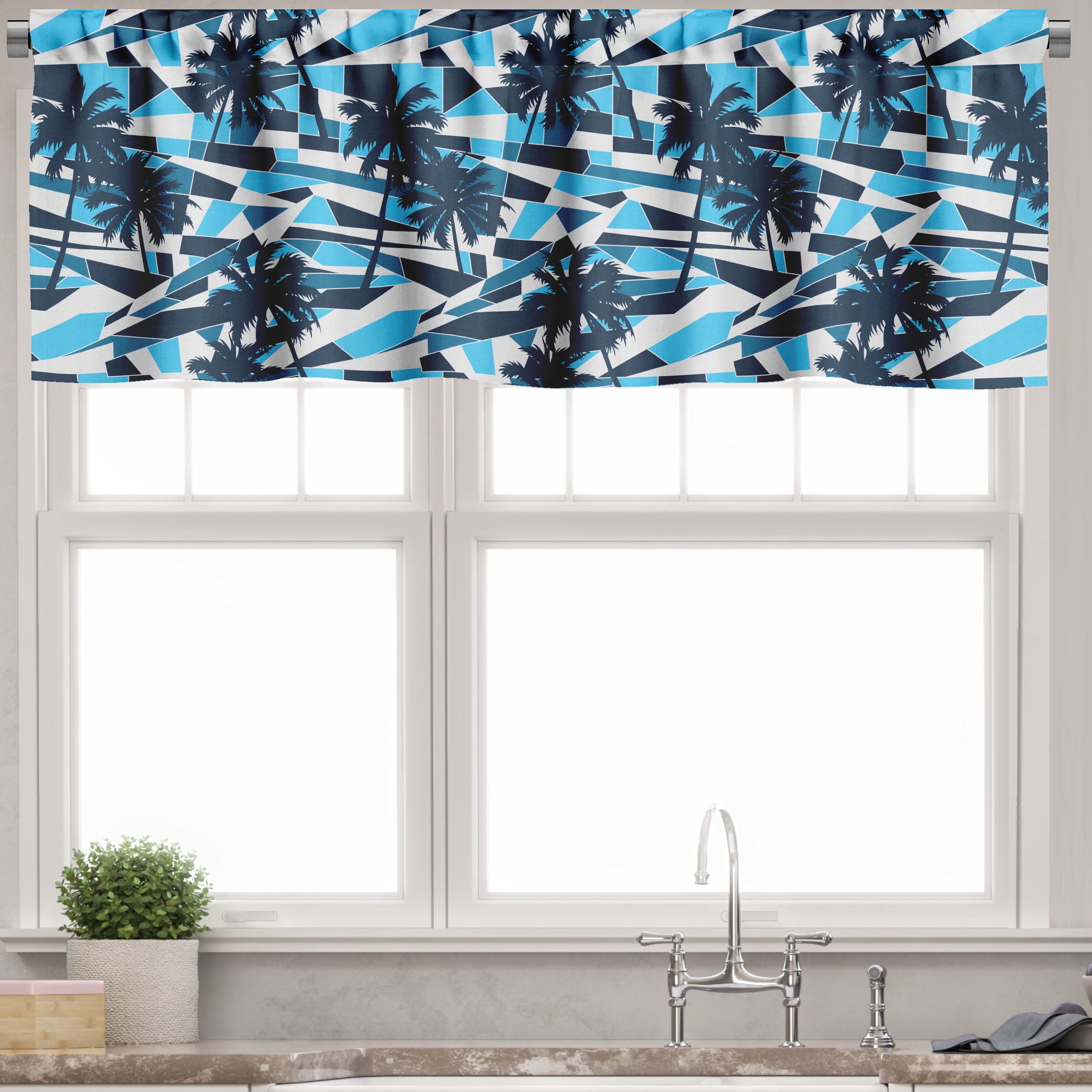 Ambesonne Palm Tree Window Valance, Geometric Blue Shades, 54" X 12 ...