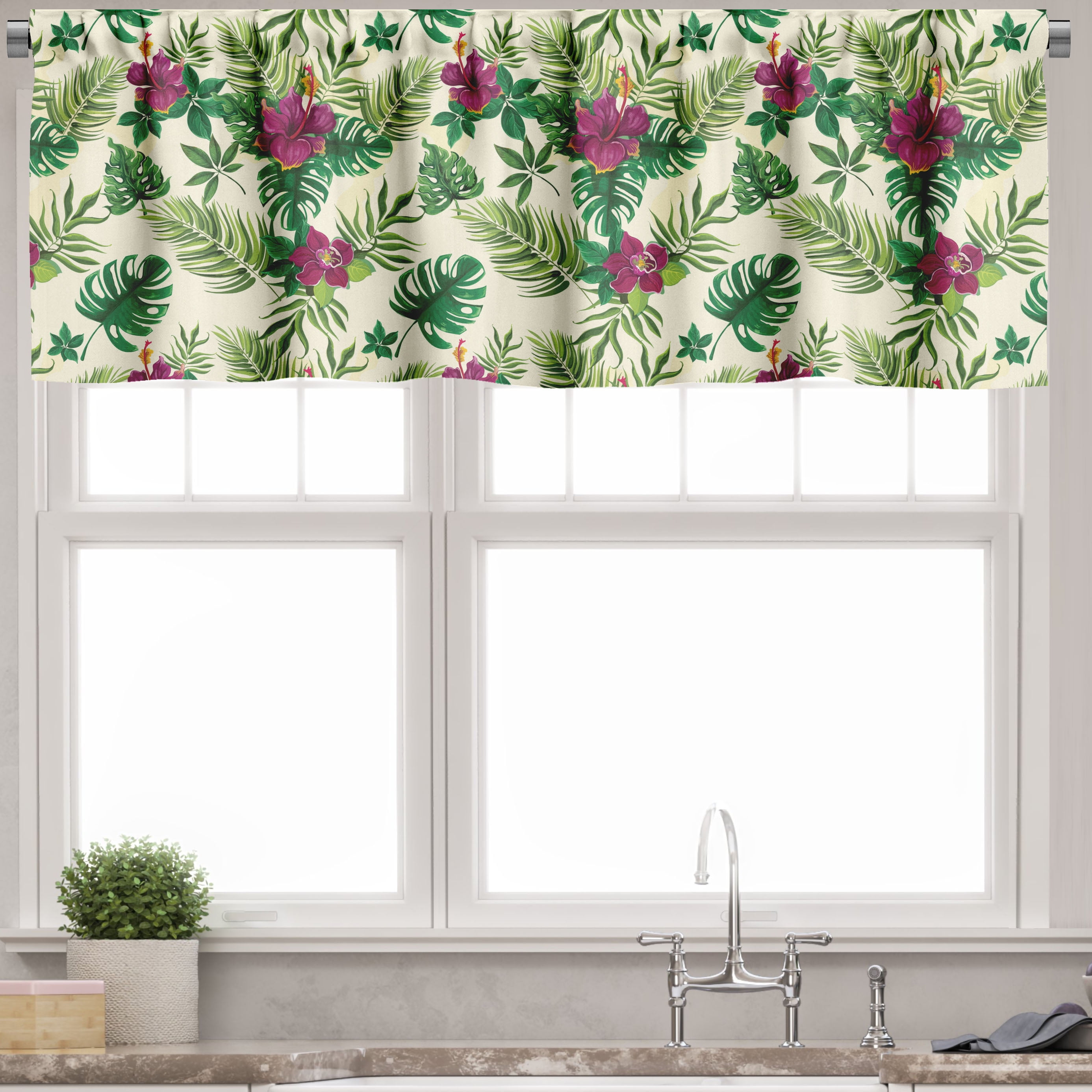 Ambesonne Palm Valance Pack of 2, Exotic Foliage and Hibiscus, 54"X18 ...