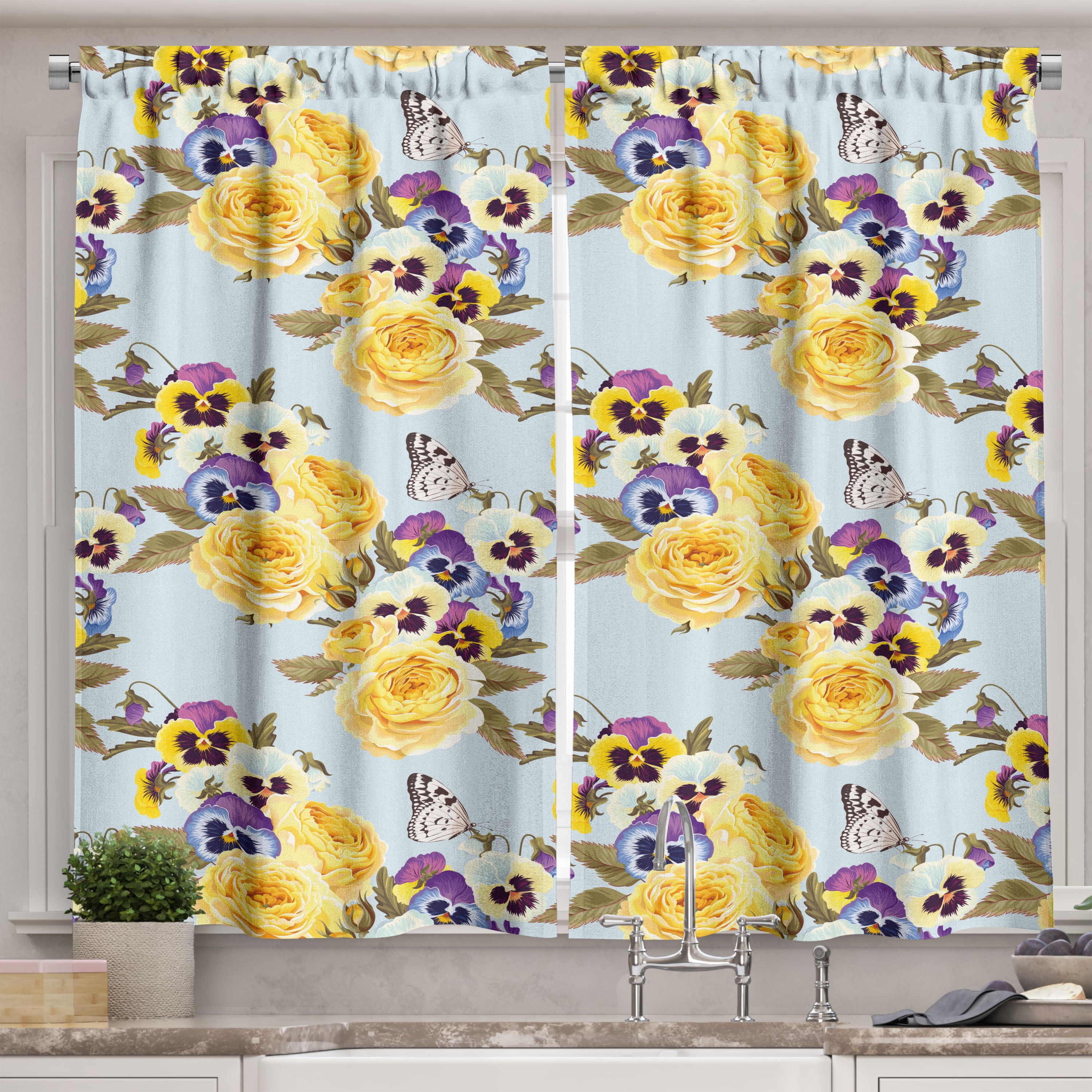Ambesonne Pansy Kitchen Curtains, Detailed Roses Butterflies, 55"x45 ...