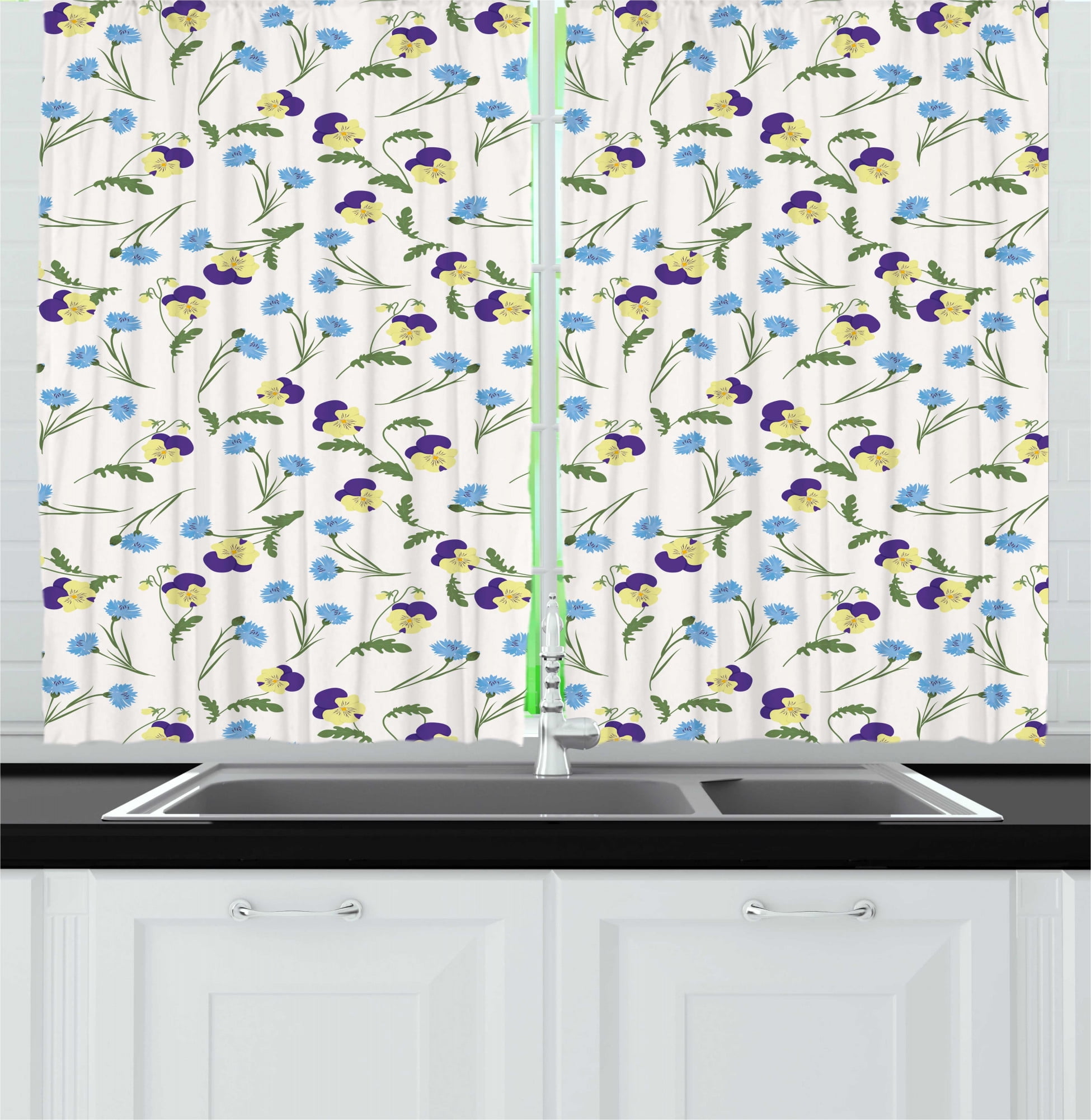 Ambesonne Pansy Kitchen Curtains, Flourishing Cornflower Botany, 55"x45 ...