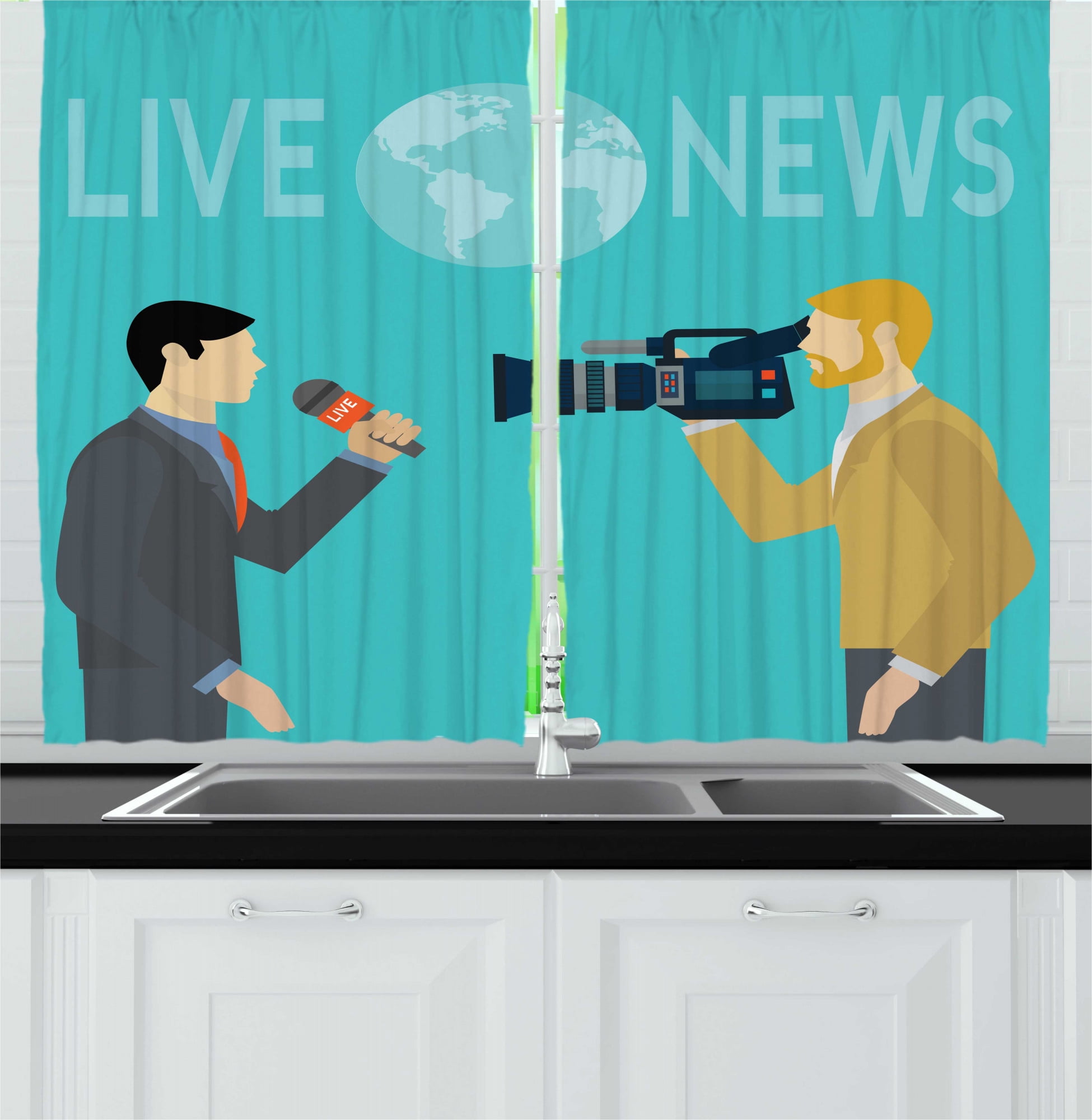 Ambesonne Paparazzi Kitchen Curtains, Cameraman and Reporter, 55"x45 ...