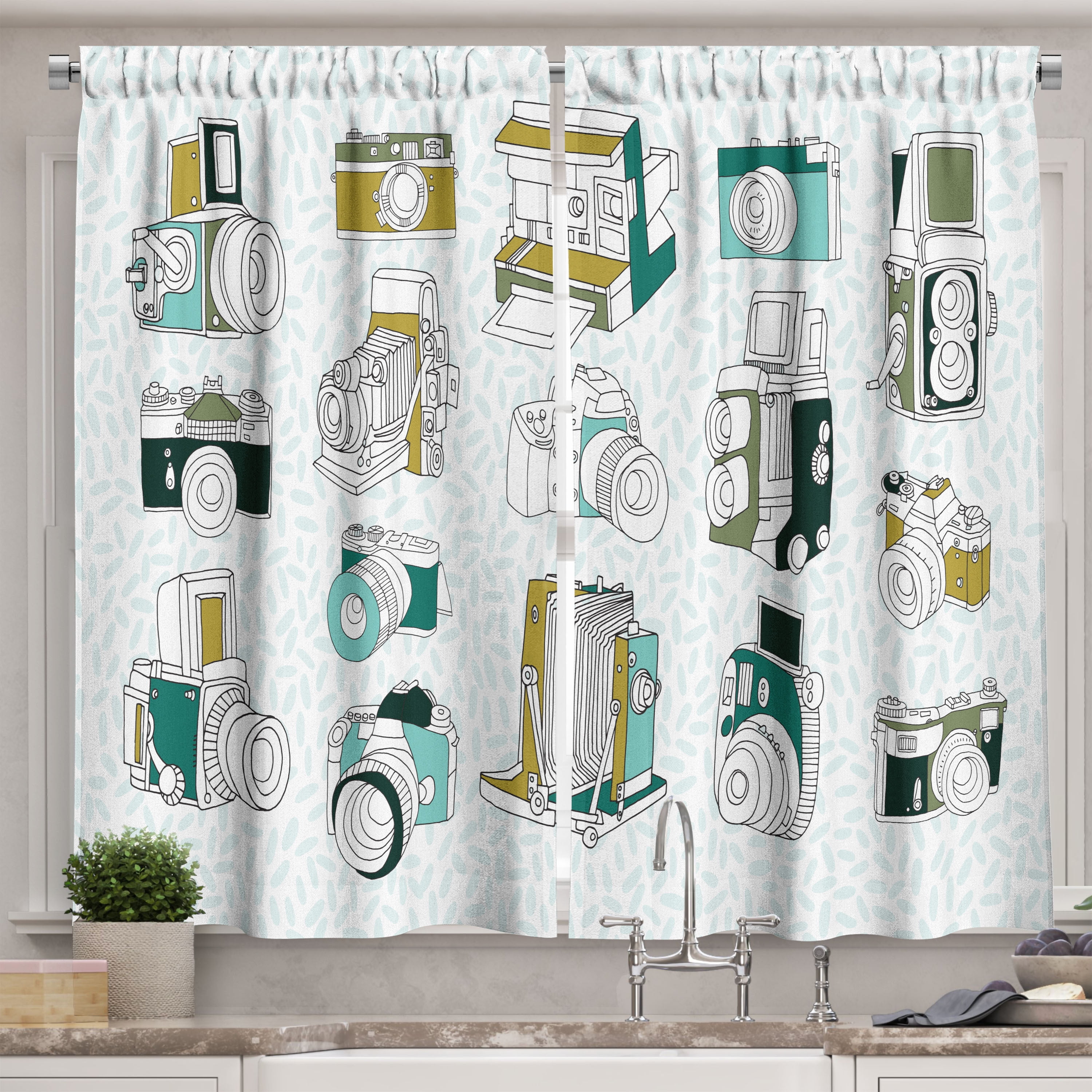 Ambesonne Paparazzi Kitchen Curtains, Various Vintage Cameras, 55"x45 ...