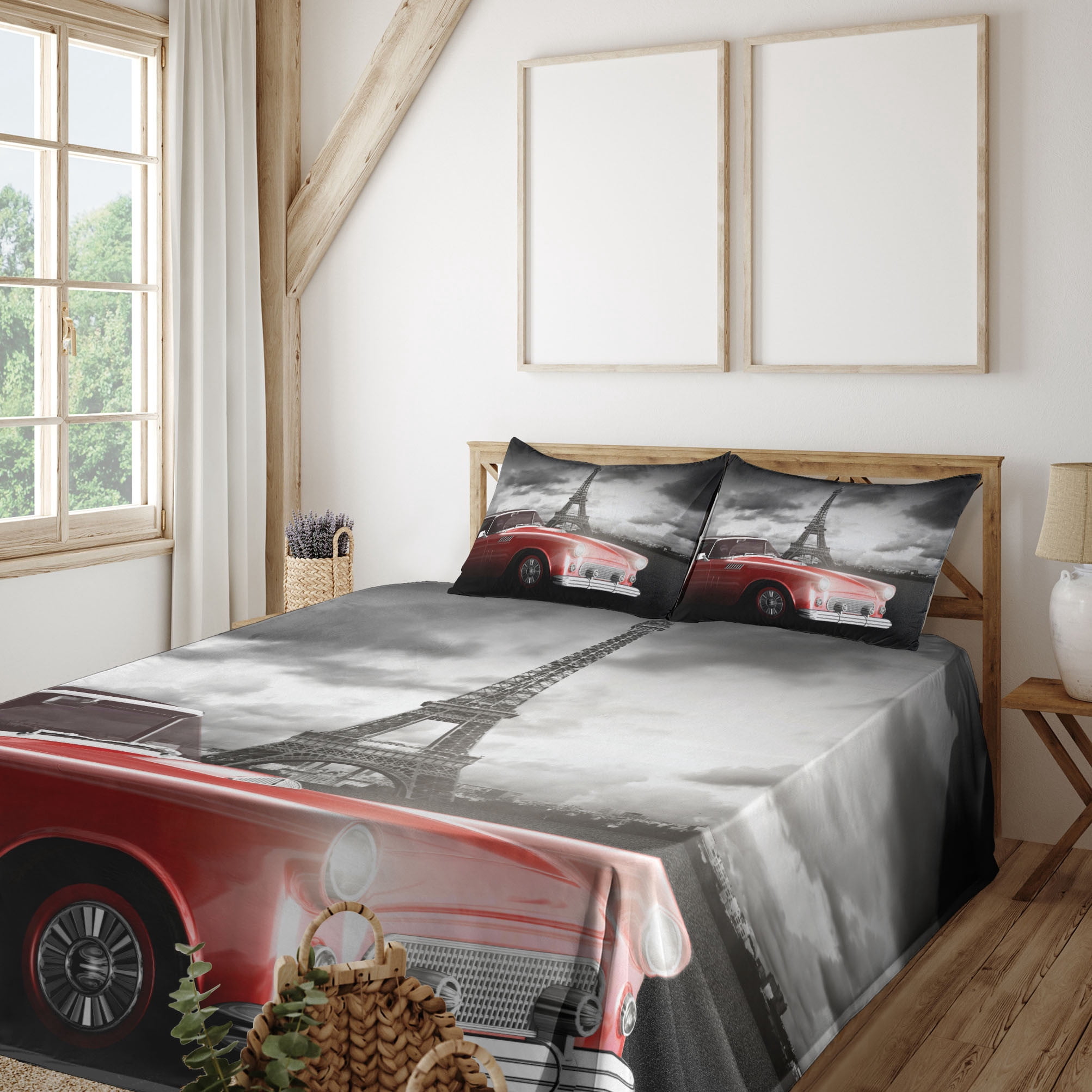 Ambesonne Paris Fitted & Top Sheet Set with Shams, Vintage Car and ...