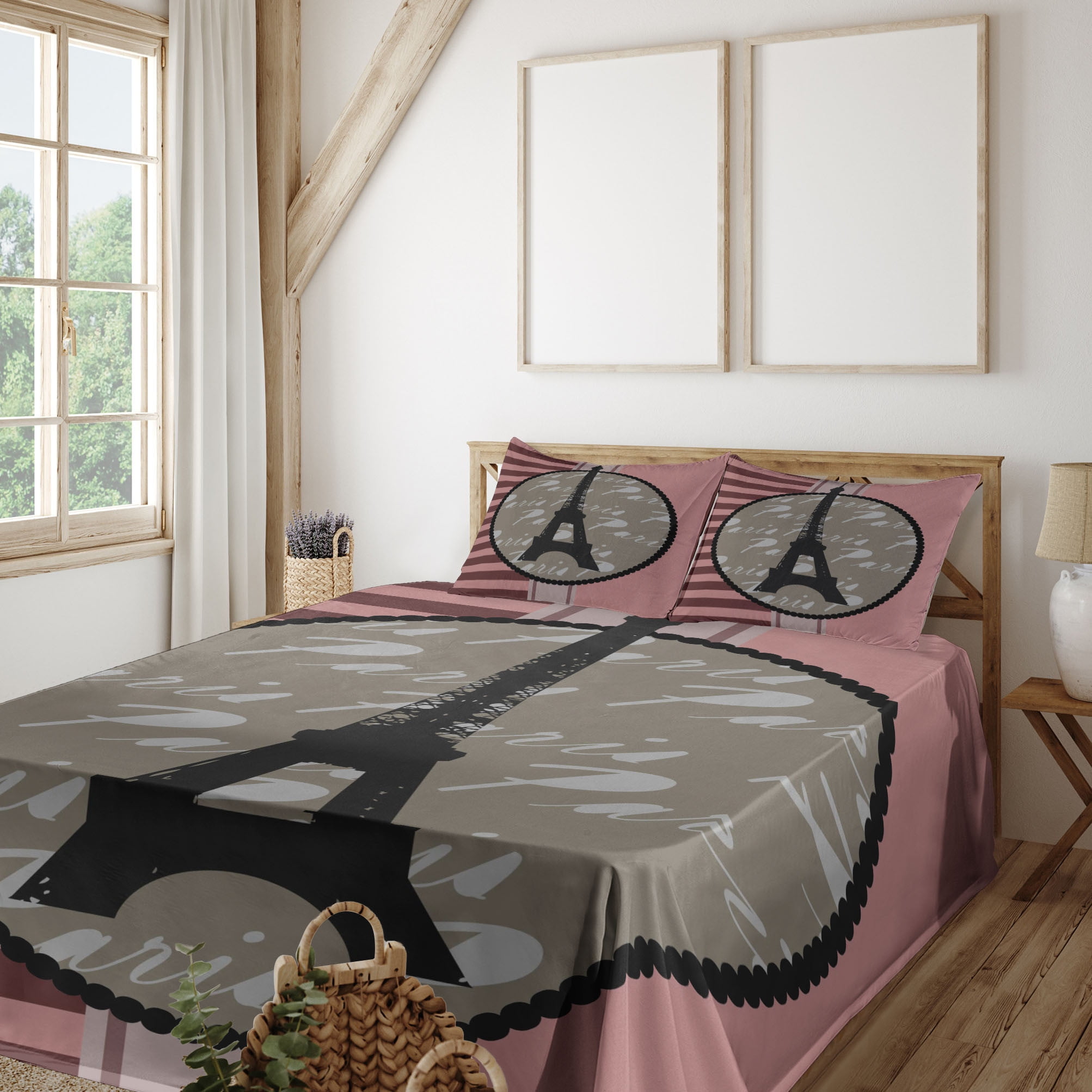 Ambesonne Paris Fitted & Top Sheet Set with Shams, Vintage Eiffel ...