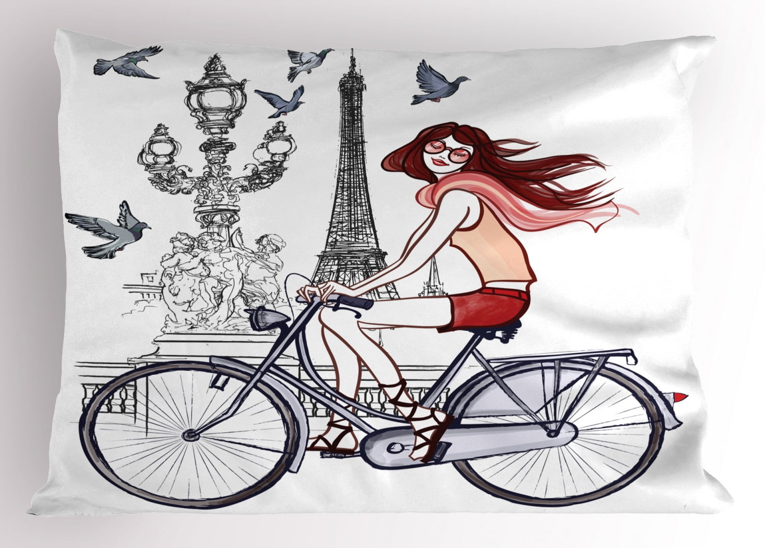 Ambesonne Paris Pillow Sham, Woman on Bike Eiffel, 26" X 20", Grey Red Peach - Walmart.com