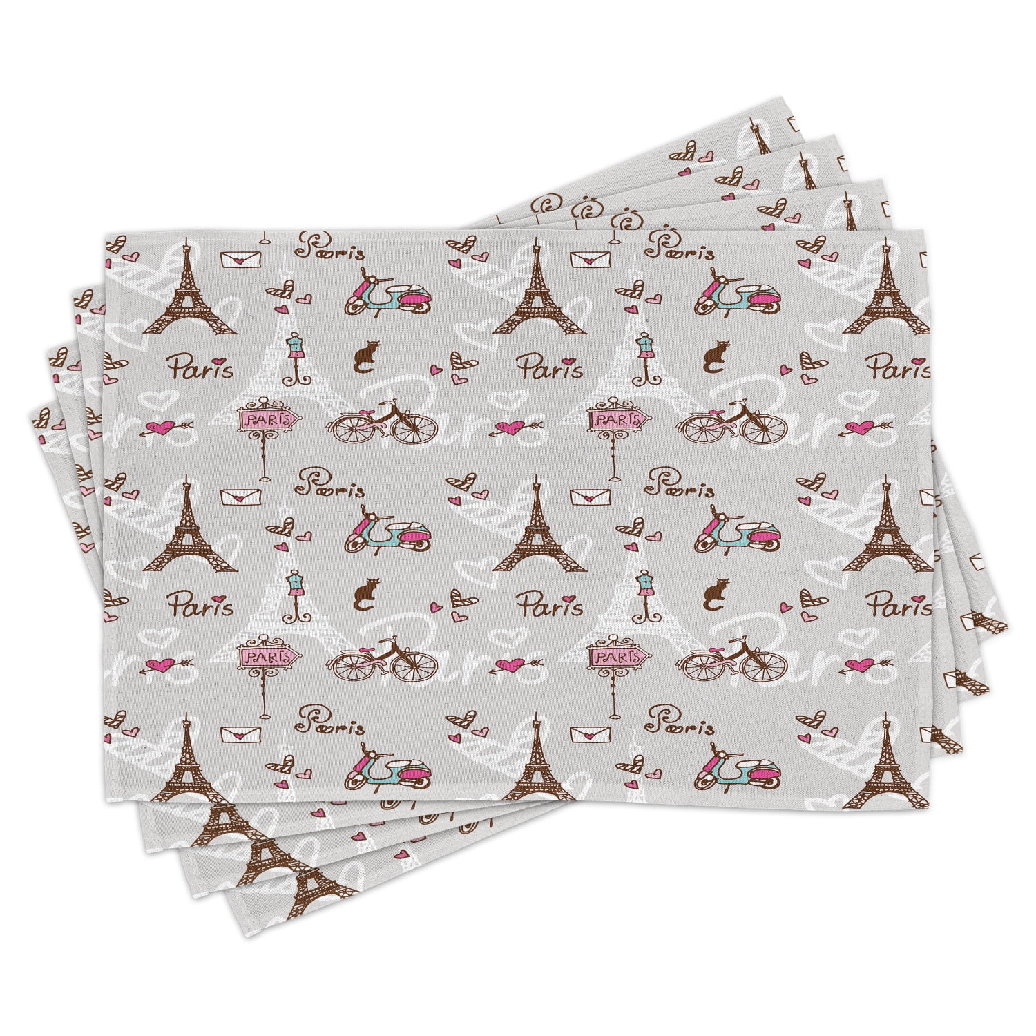 Ambesonne Paris Place Mats Set of 4, Bikes Eiffel Tower and Hearts ...