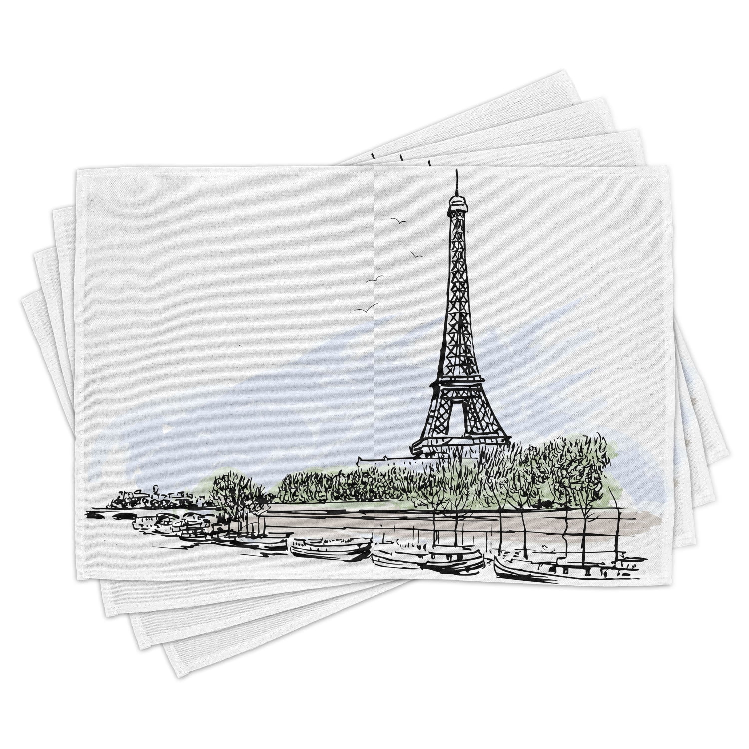 Ambesonne Paris Place Mats Set of 4, Eiffel Tower Birds Trees, Standard ...