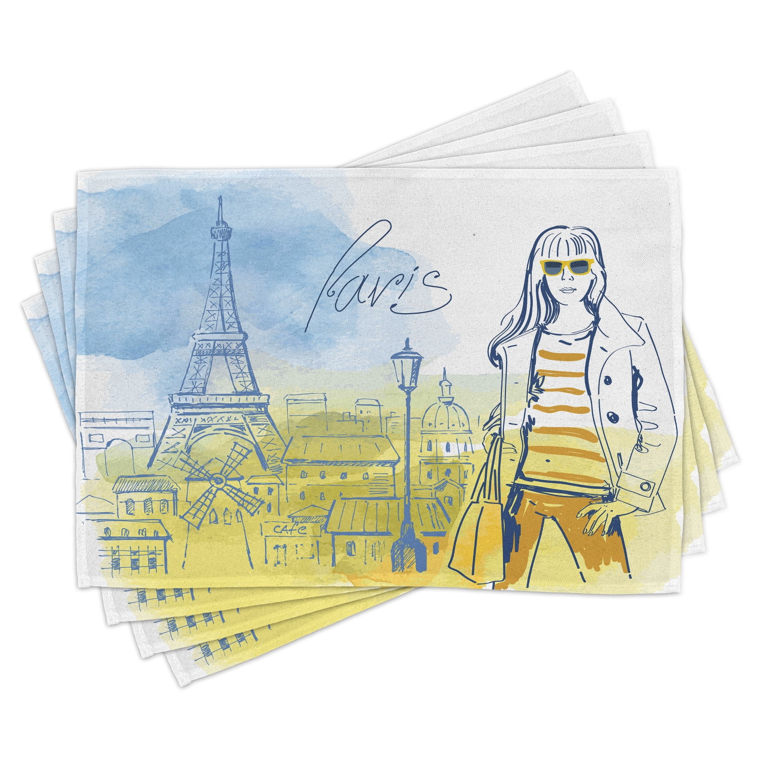 Ambesonne Paris Place Mats Set of 4, Girl at the Eiffel Tower, Standard ...