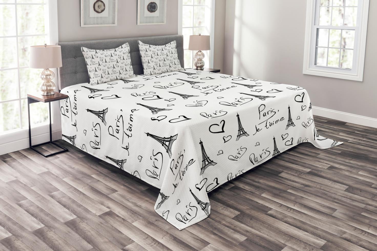 Ambesonne Paris Quilted Bedspread Set 3 Pcs, Eiffel Je T'aime Doodle ...