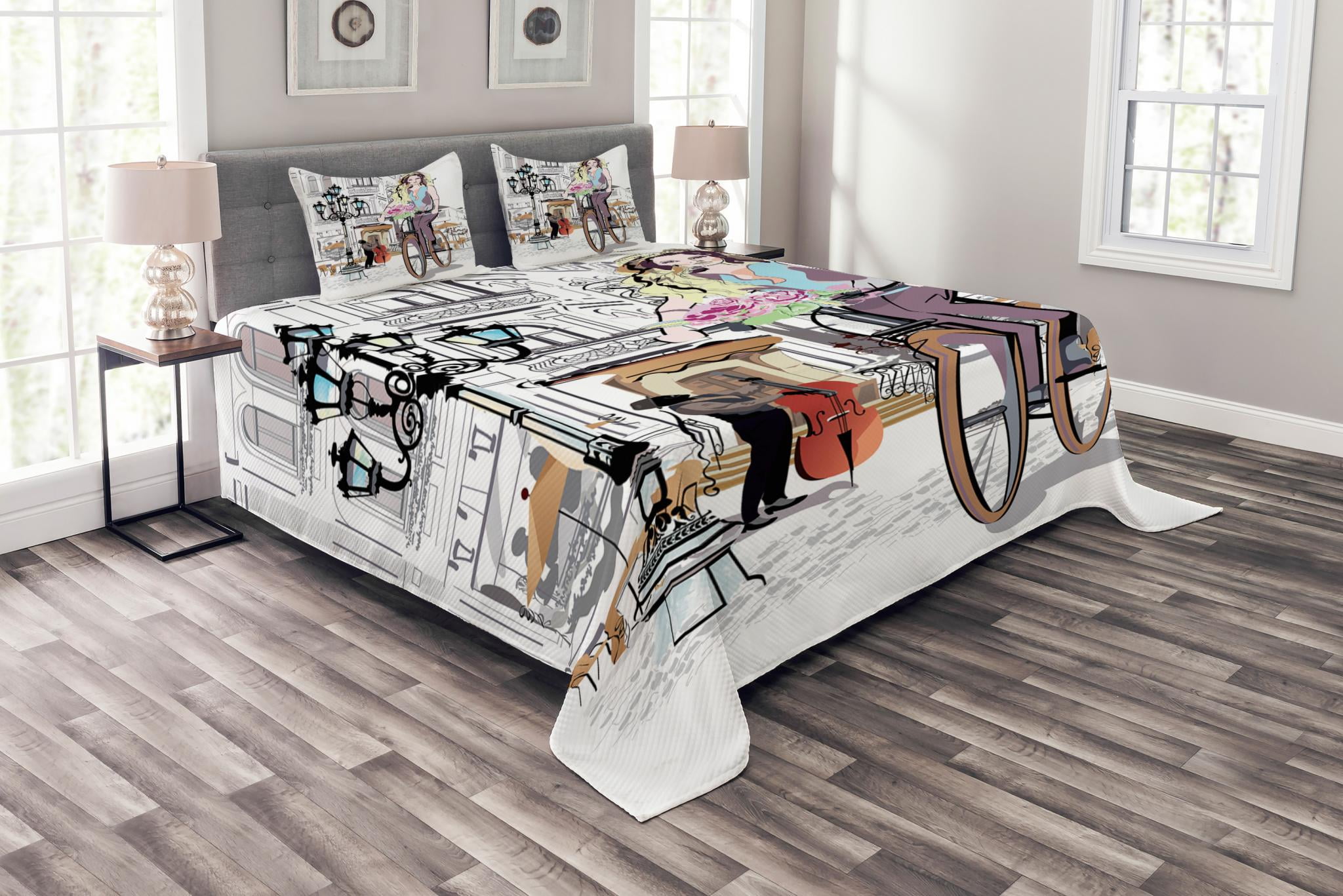 Ambesonne Paris Quilted Bedspread Set 3 Pcs, Lady Rides Bicycle Roses ...