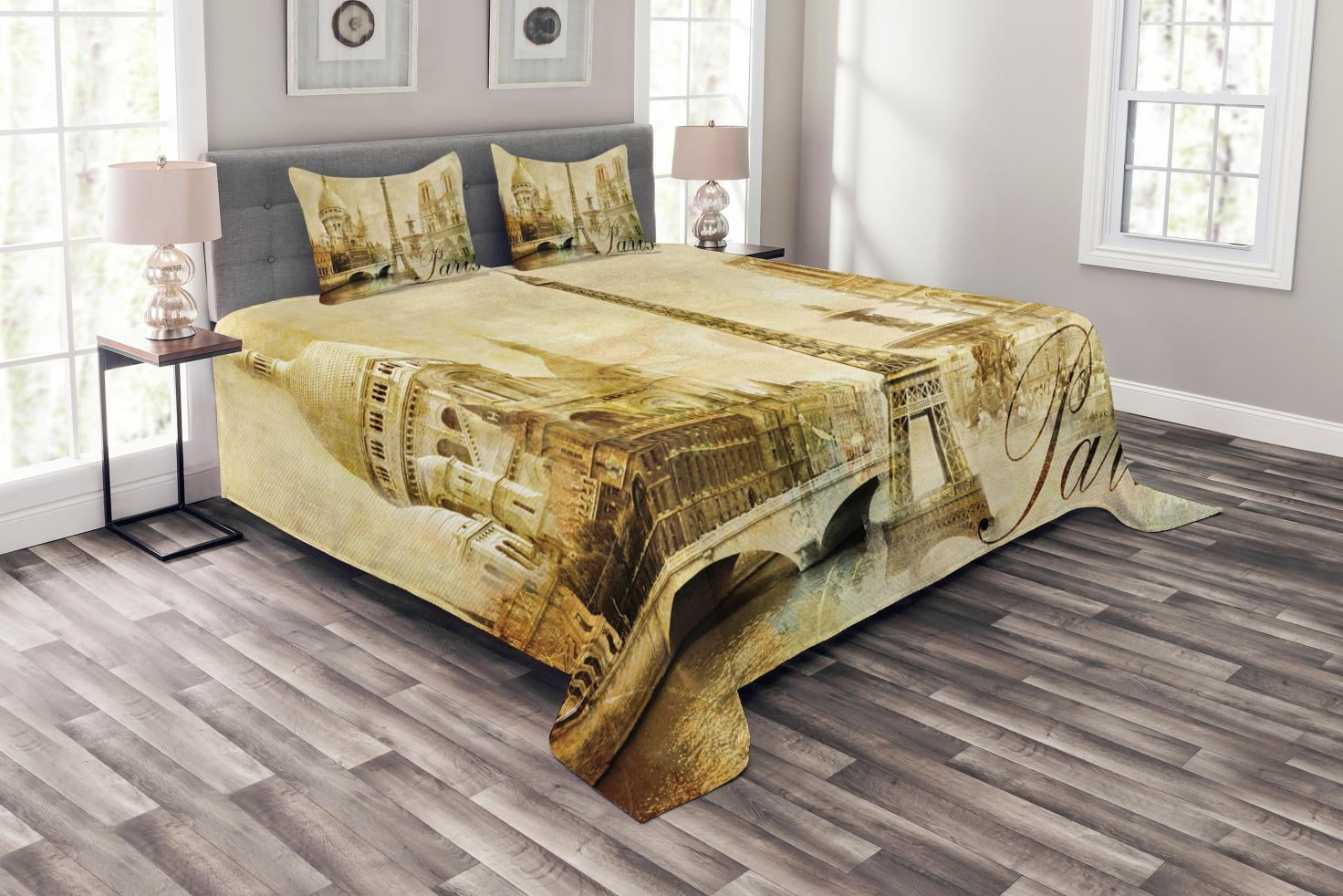 Ambesonne Paris Quilted Bedspread Set 3 Pcs, Vintage Style Landmarks ...