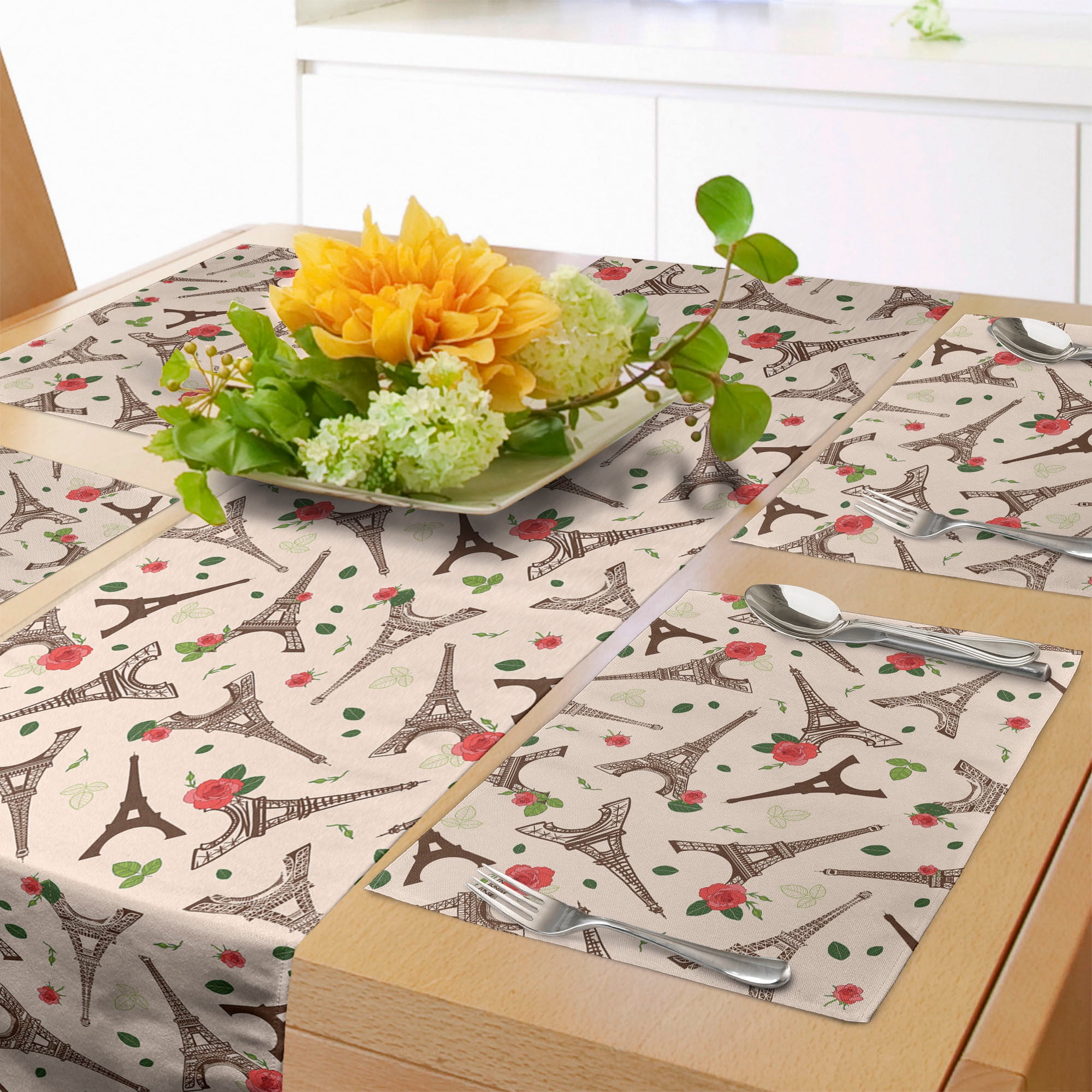 Ambesonne Paris Table Runner & Placemats, Eiffel Towers Roses Leaves ...