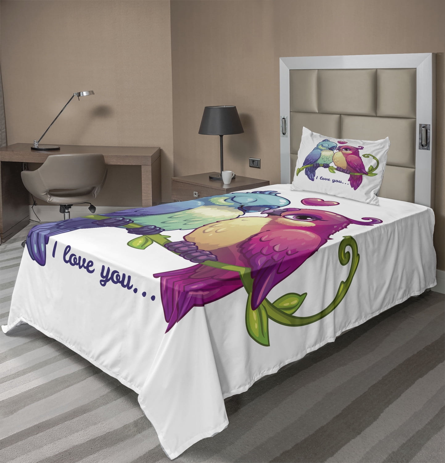 Ambesonne Parrot Fitted & Top Sheet Set with Sham, Branch with Heart ...