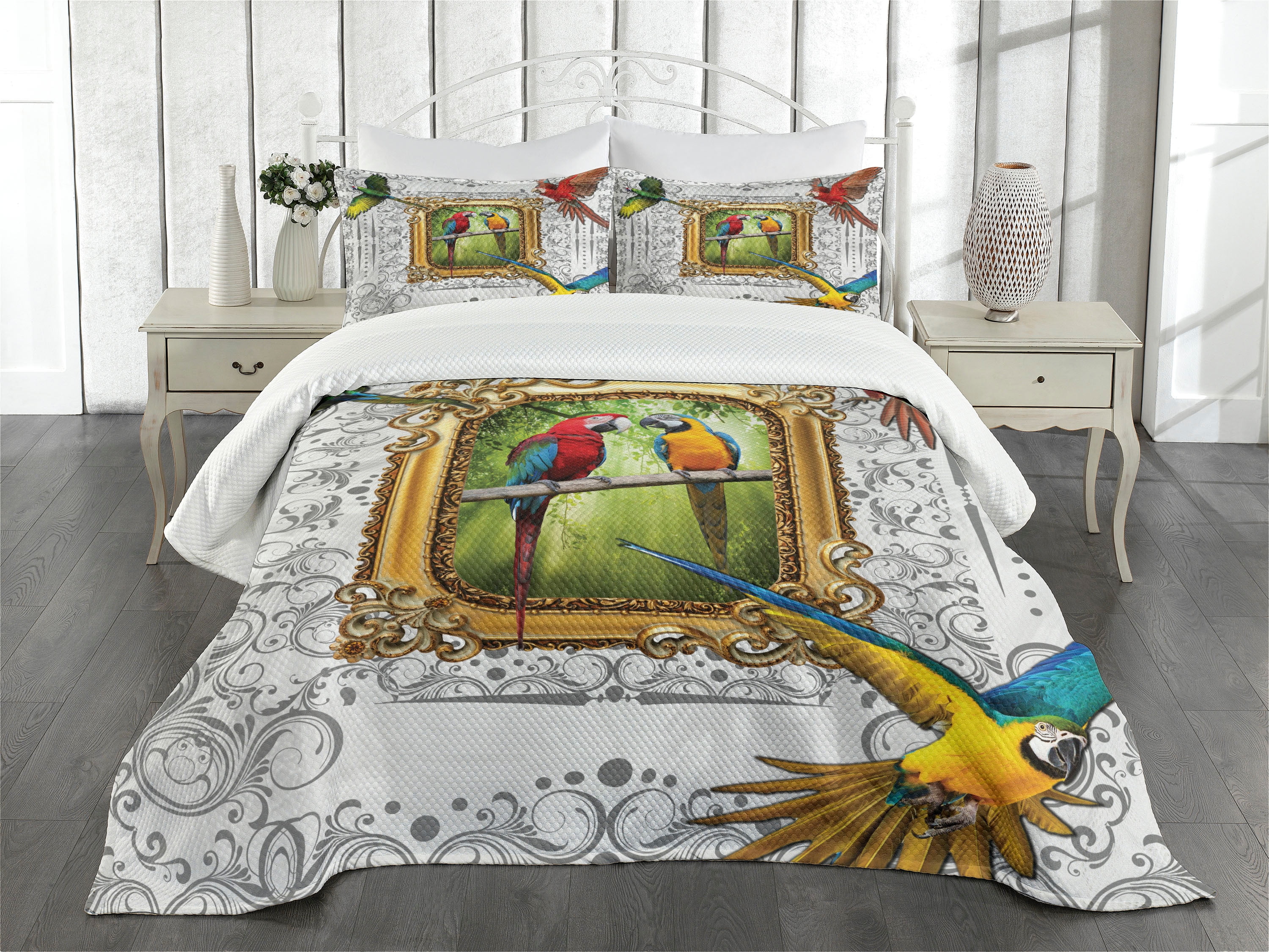 Ambesonne Parrot Quilted Bedspread Set 3 Pcs, Exotic Colorful Birds ...