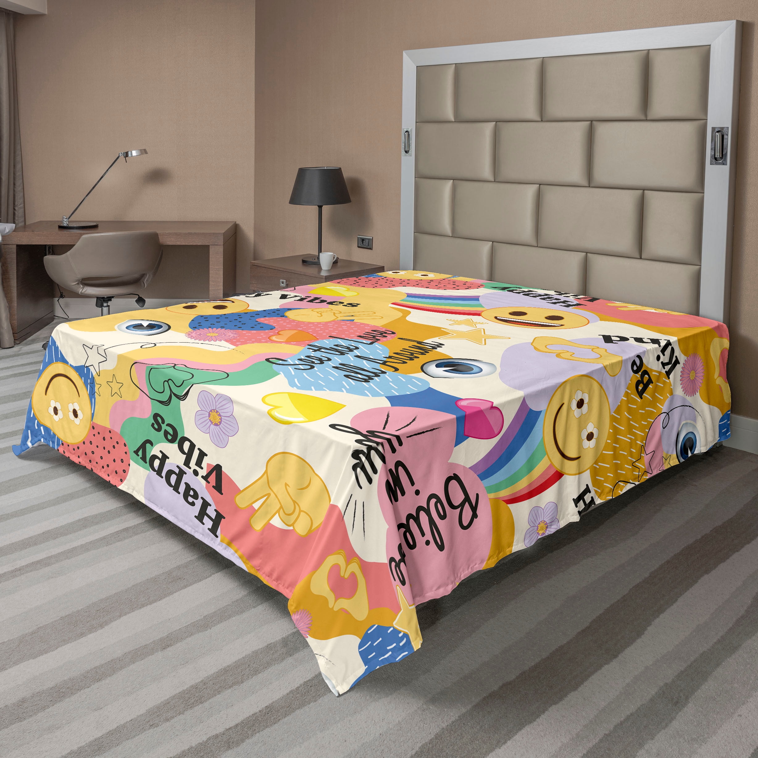 Ambesonne Party Emoji Flat Sheet, Colorful Jumble Faces, Queen Size ...