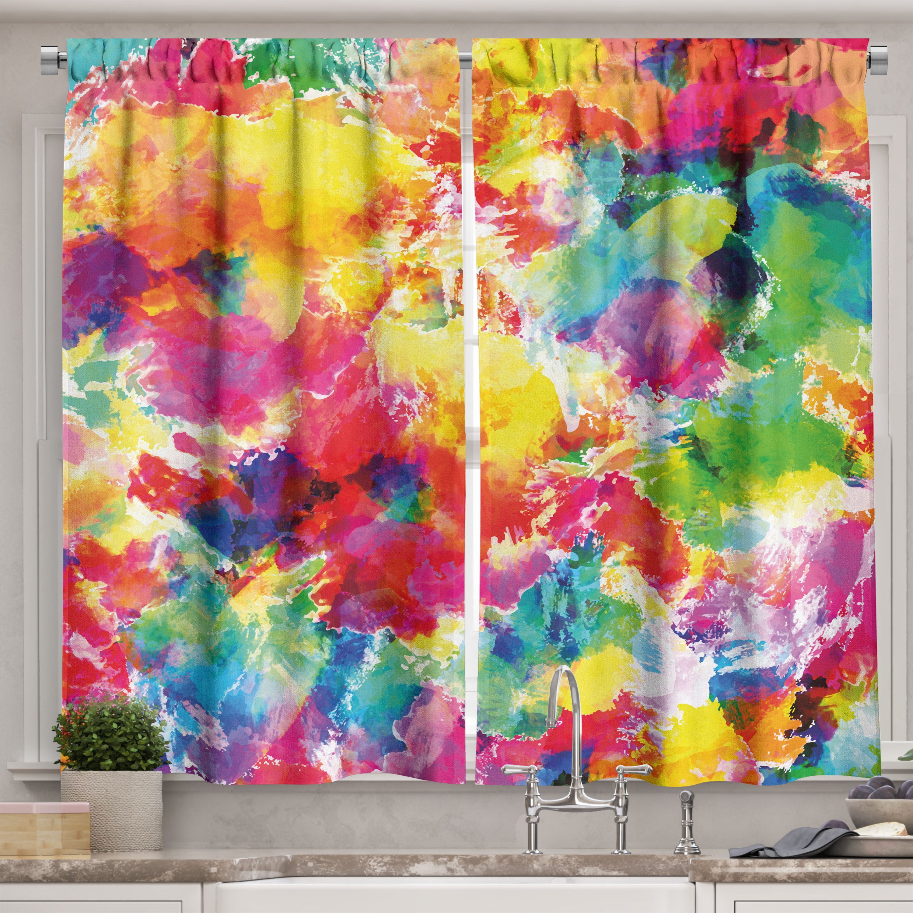 Ambesonne Pastel Kitchen Curtains, Vivid Messy Watercolors, 55"x39 ...