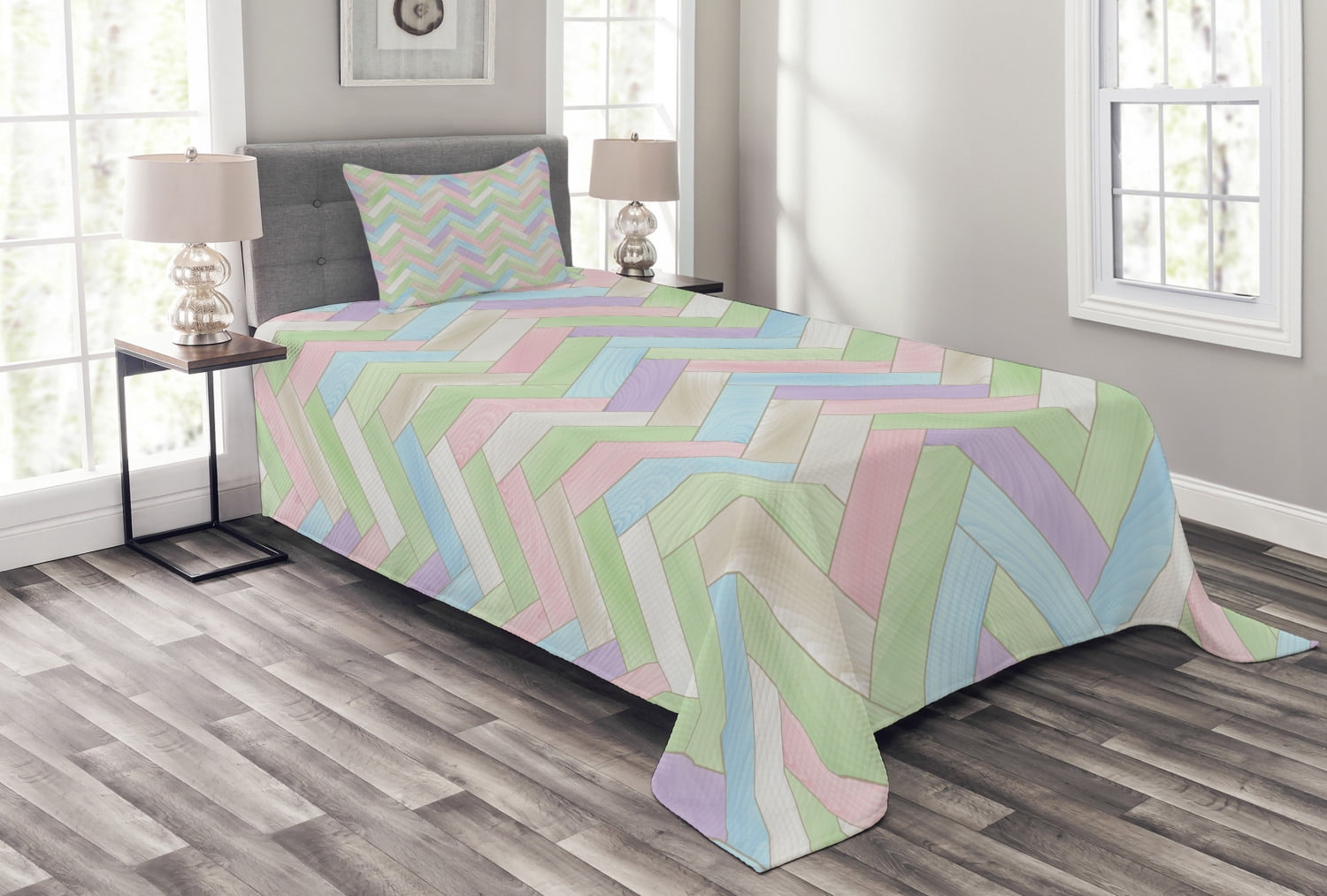 Ambesonne Pastel Quilted Bedspread Set 2 Pcs, Parquet Herringbone Soft ...