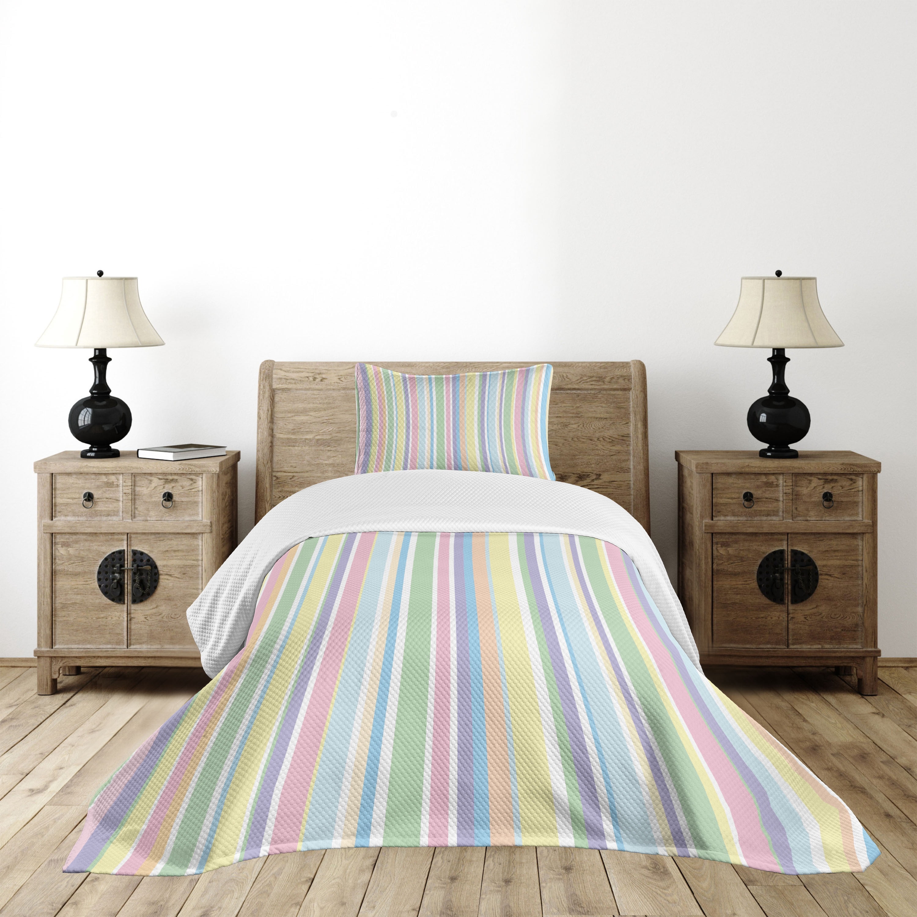 Ambesonne Pastel Quilted Bedspread Set 2 Pcs, Striped Classic Pattern ...