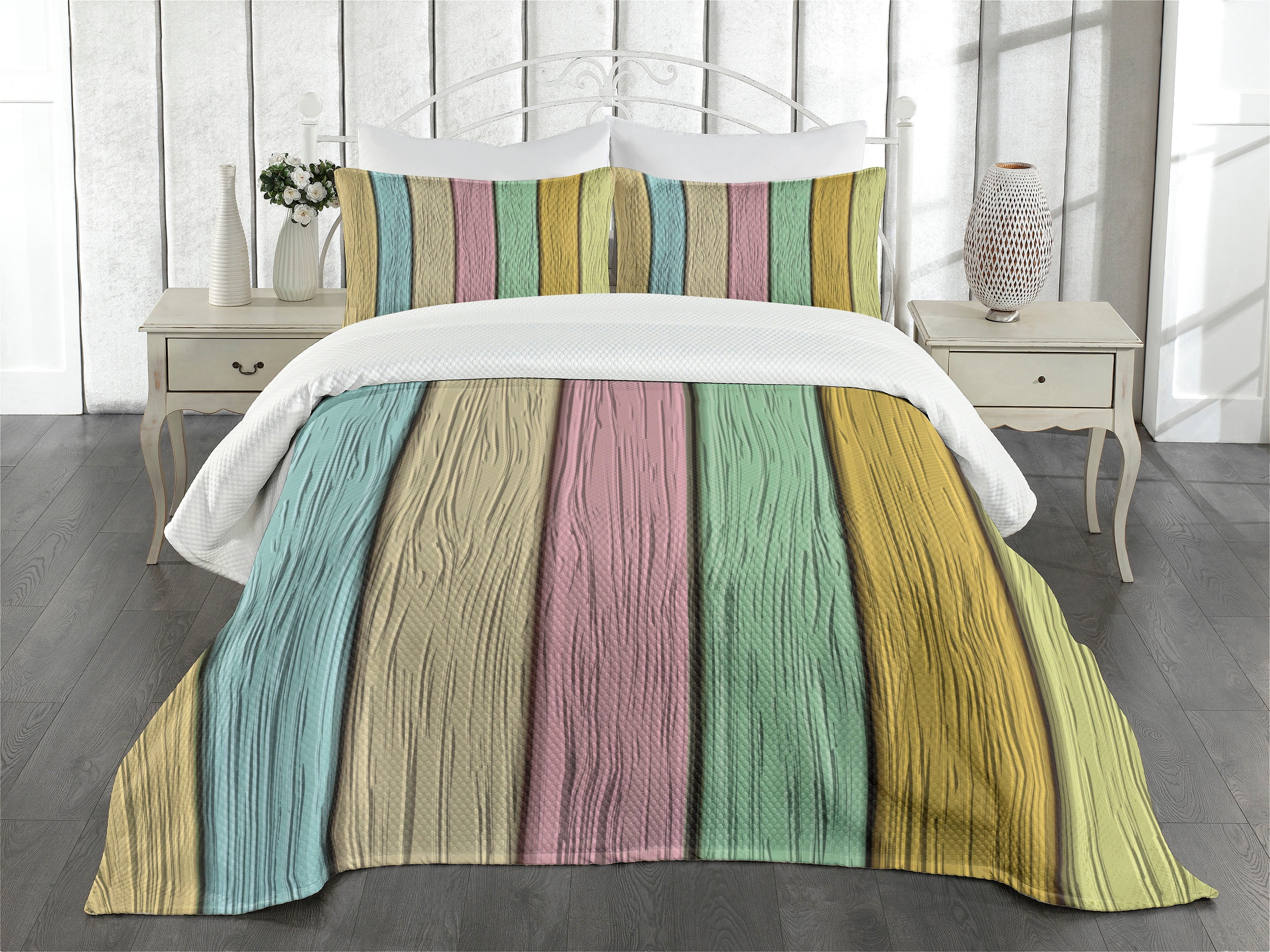 Ambesonne Pastel Quilted Bedspread Set 3 Pcs, Colorful Wooden Planks ...