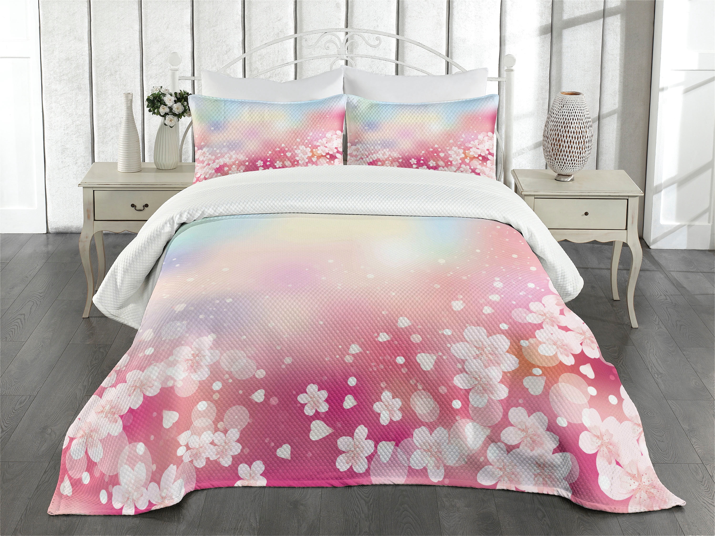 Ambesonne Pastel Quilted Bedspread Set 3 Pcs, Dreamy Cherry Blossoms ...