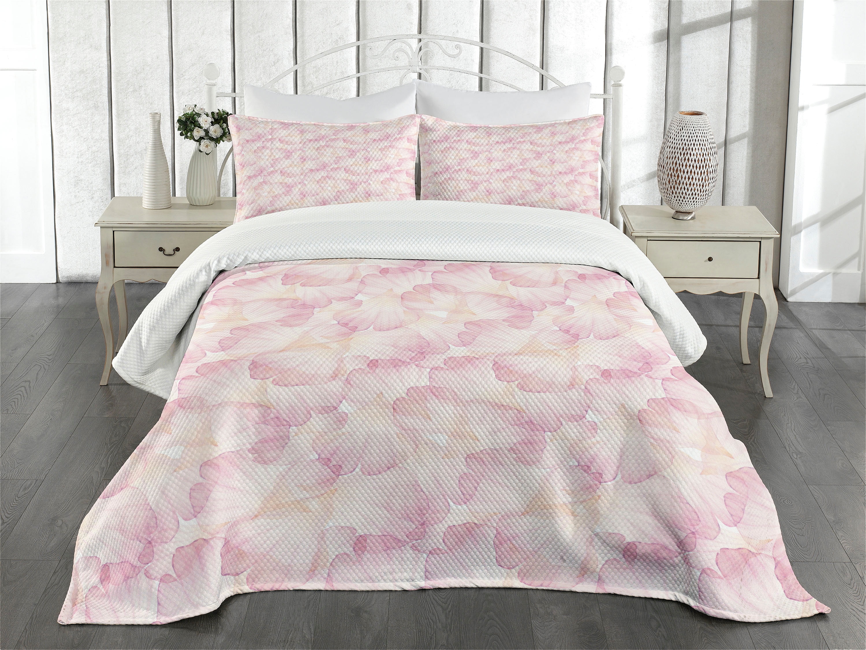 Ambesonne Pastel Quilted Bedspread Set 3 Pcs, Pale Pink Flower Petals ...