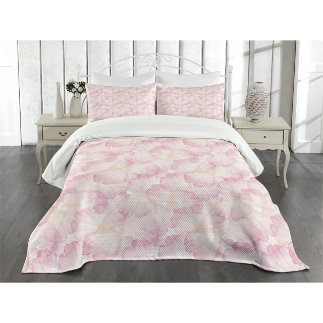 Ambesonne Pastel Quilted Bedspread Set 3 Pcs, Pale Pink Flower Petals ...