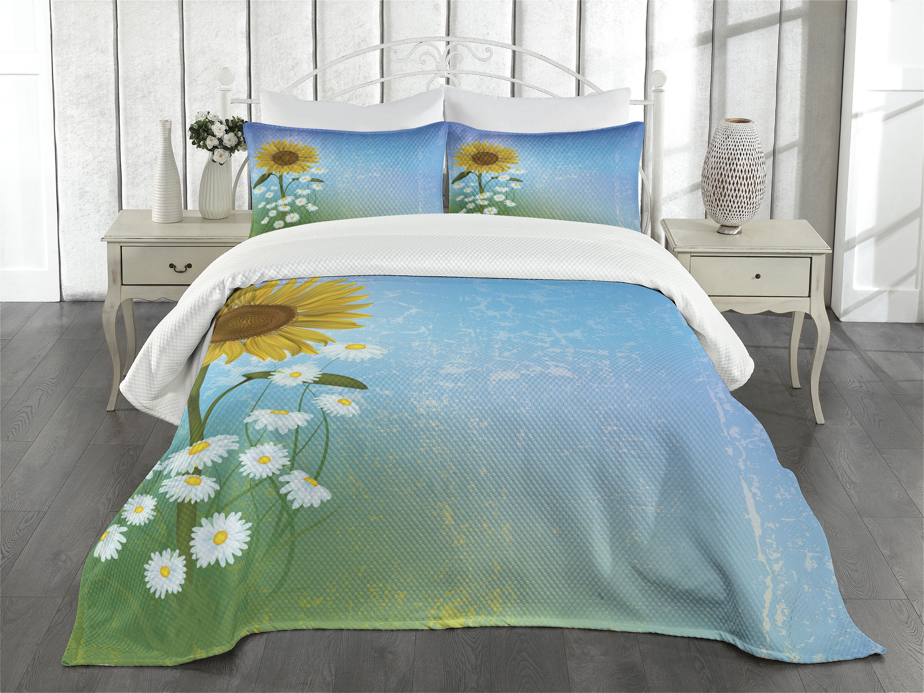 Ambesonne Pastel Quilted Bedspread Set 3 Pcs, Sunflowers Chamomiles ...