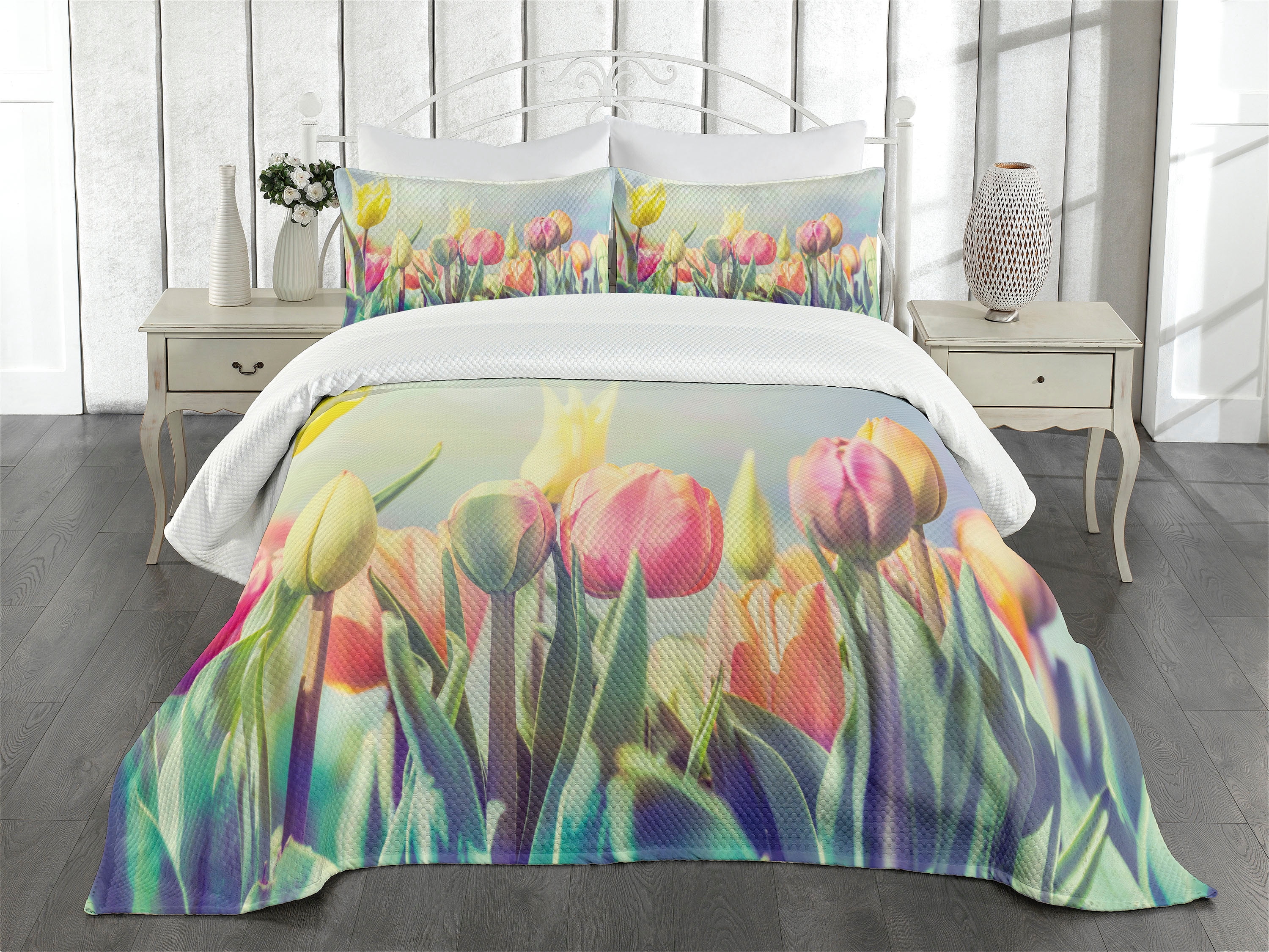 Ambesonne Pastel Quilted Bedspread Set 3 Pcs, Tulips Flower Bed Park ...