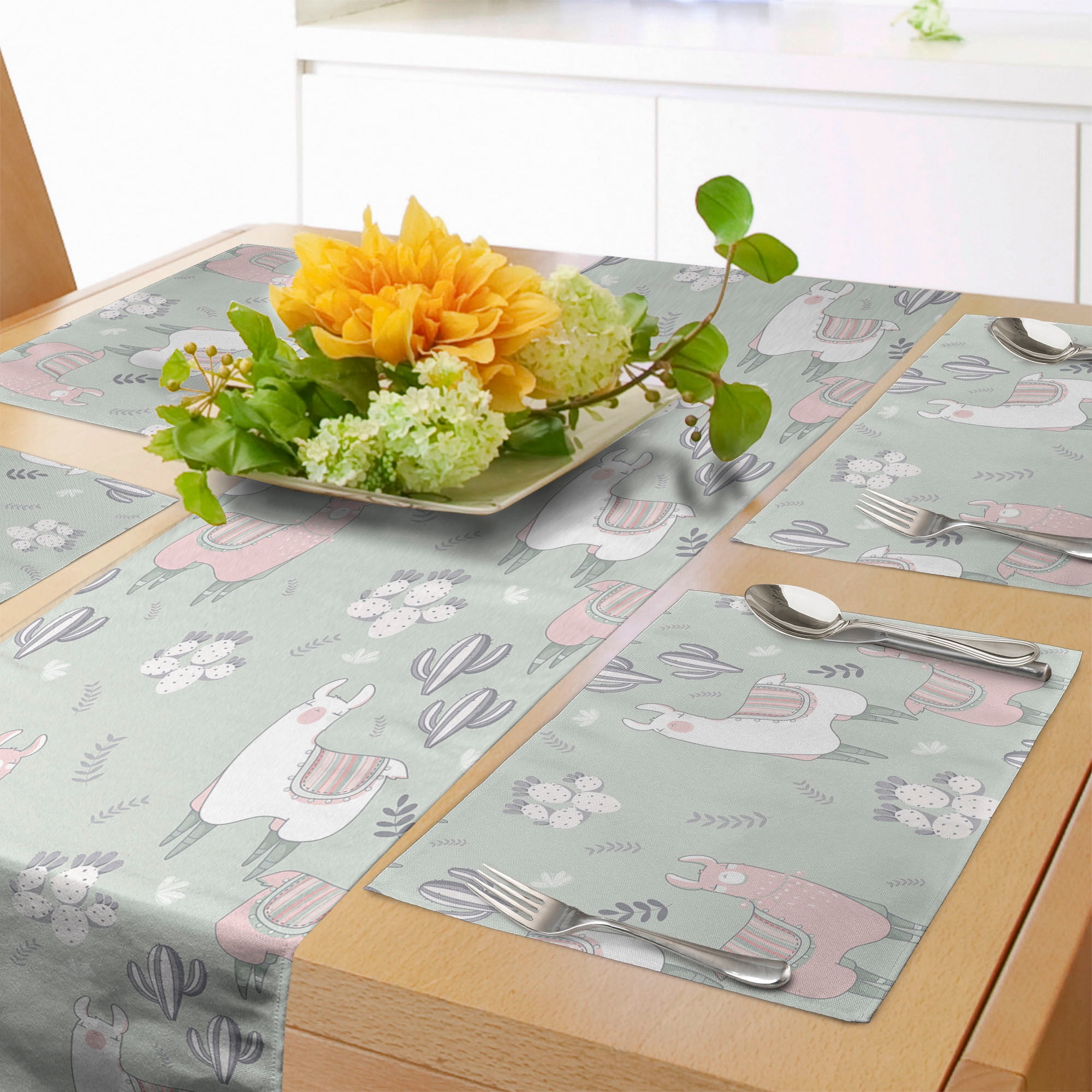 Ambesonne Pastel Table Runner & Placemats, Llama in Cartoon Style ...