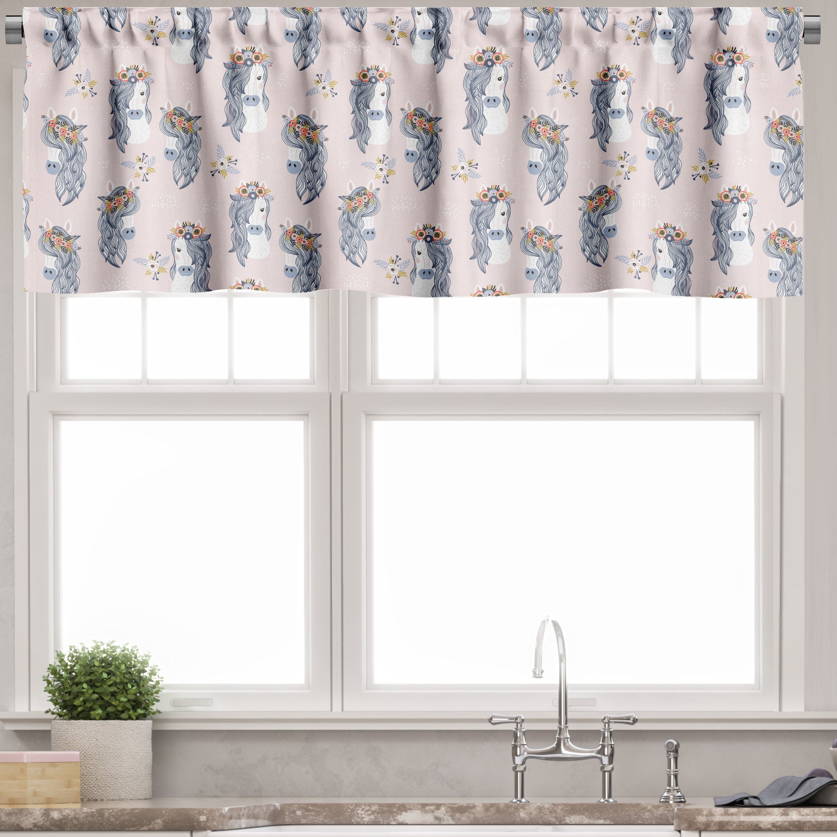 Ambesonne Pastel Window Valance, Horses and Flowers on Head, 42" x 12 ...