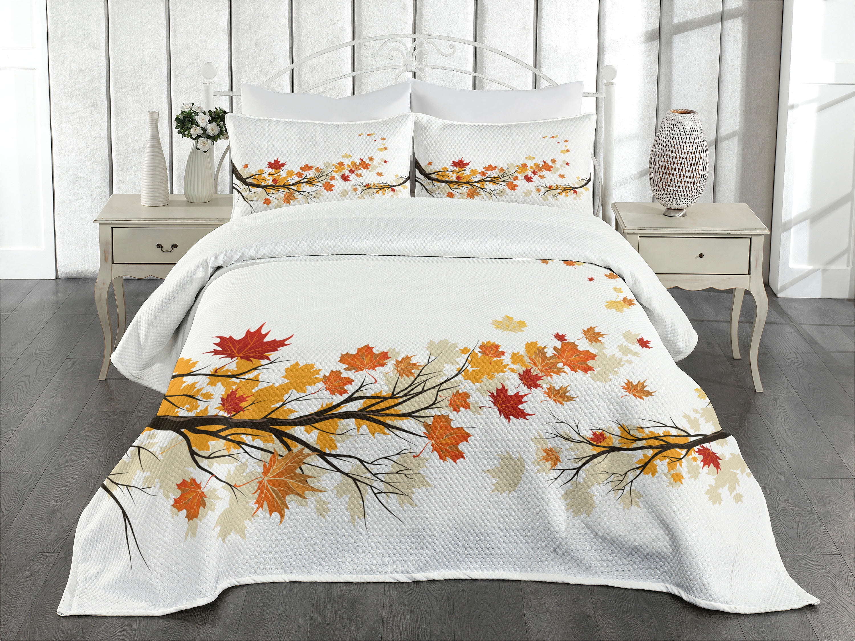 Ambesonne Pastoral Quilted Bedspread Set 3 Pcs, Autumn Tree Branches ...