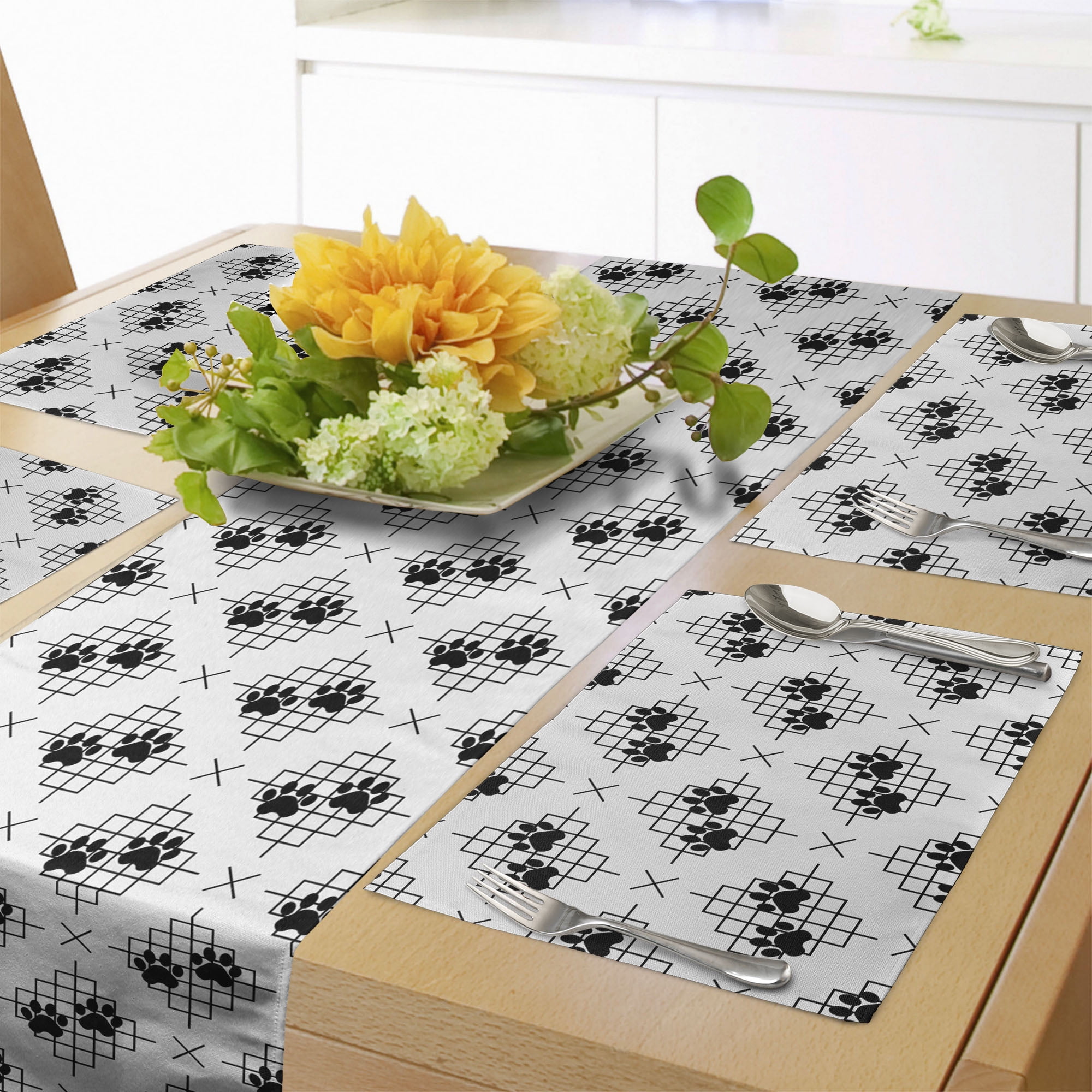 Ambesonne Paw Print Table Runner & Placemats, Modern Squares Pet Feet ...