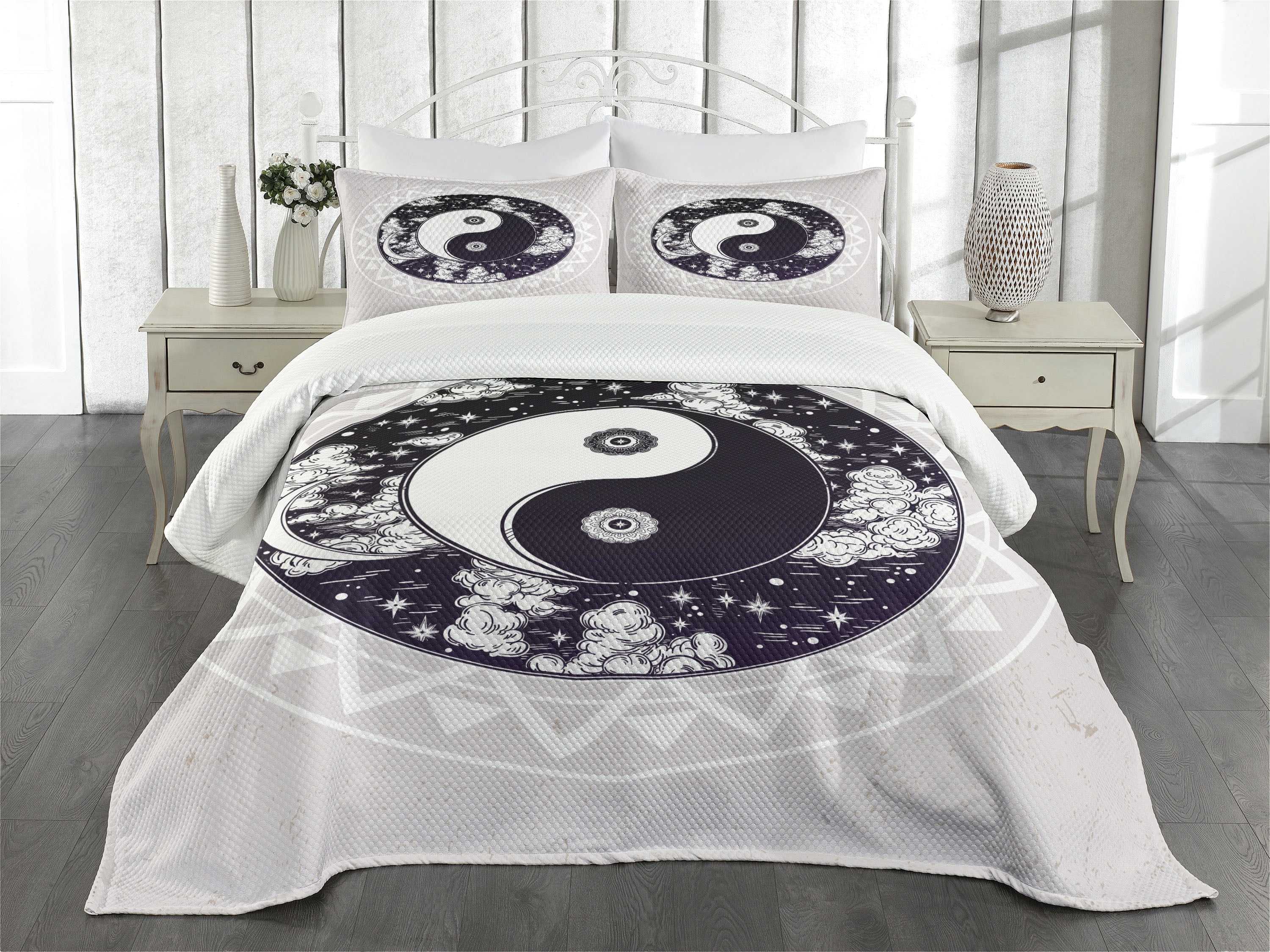 Ambesonne Peace Quilted Bedspread Set 3 Pcs, Ying Yang Boho Art, Queen ...