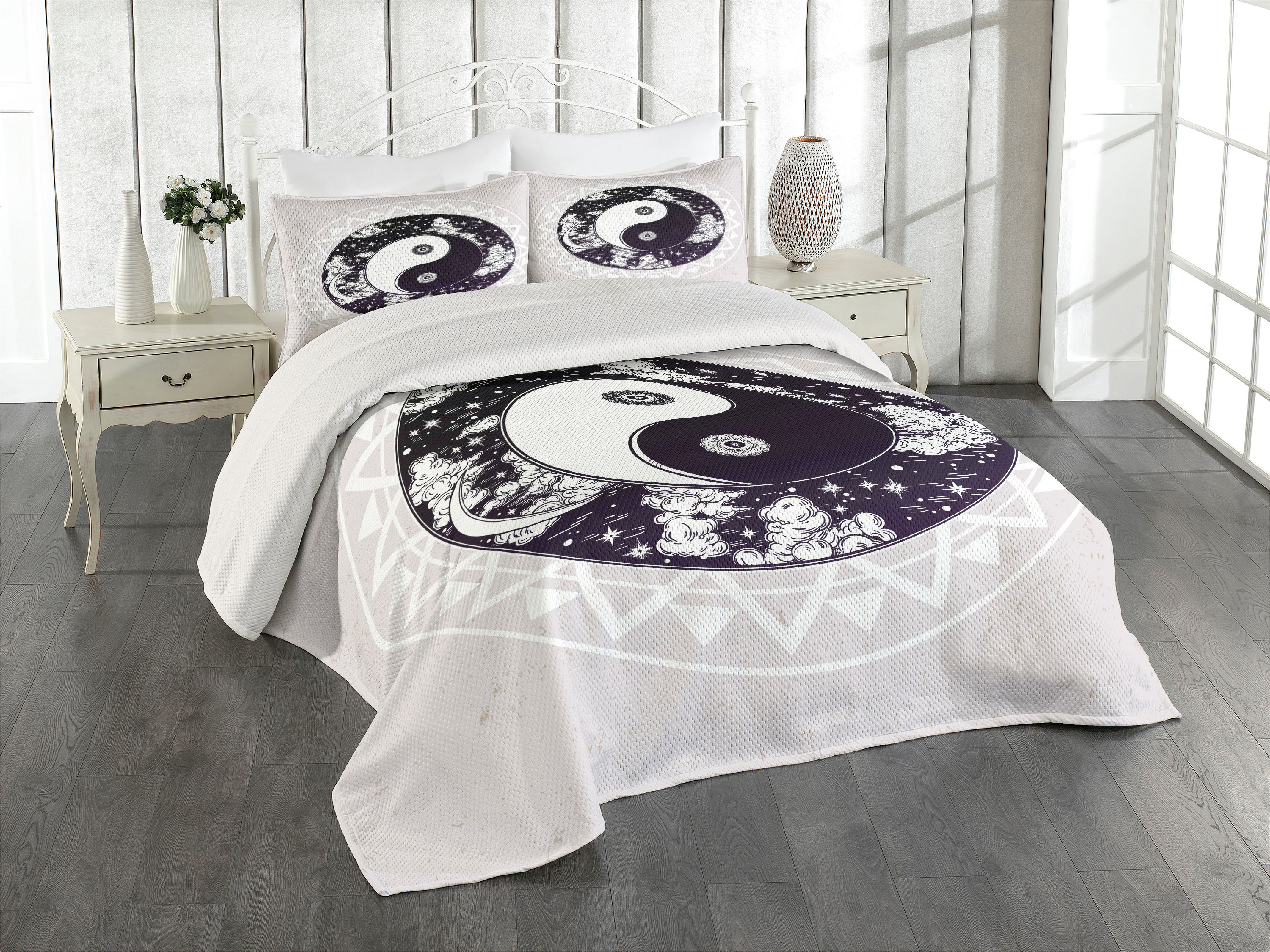 Ambesonne Peace Quilted Coverlet 3 Pcs, Ying Yang Boho Art, King Size ...