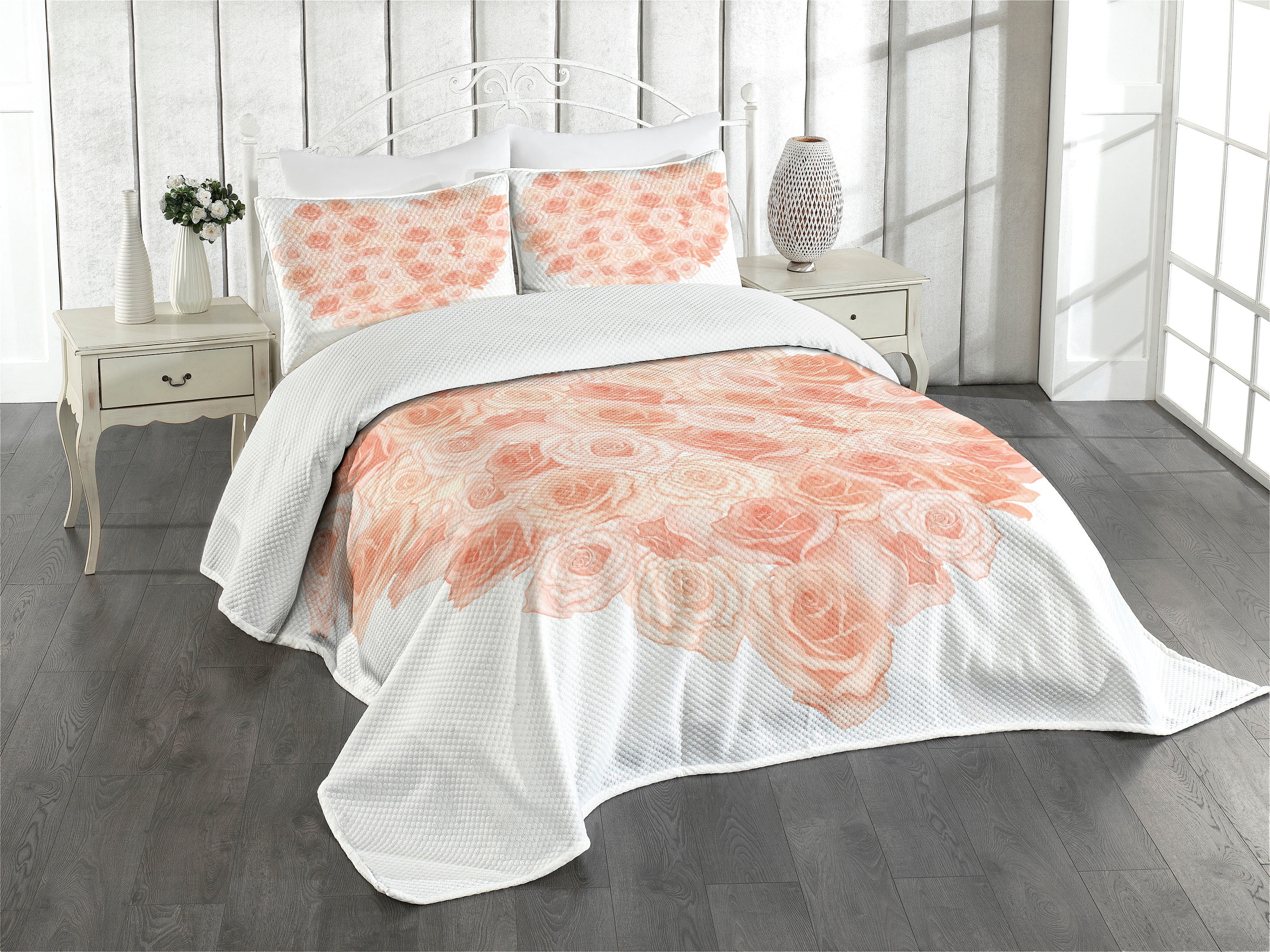 Ambesonne Peach Quilted Bedspread Set 3 Pcs, Heart Shaped Blossoms ...