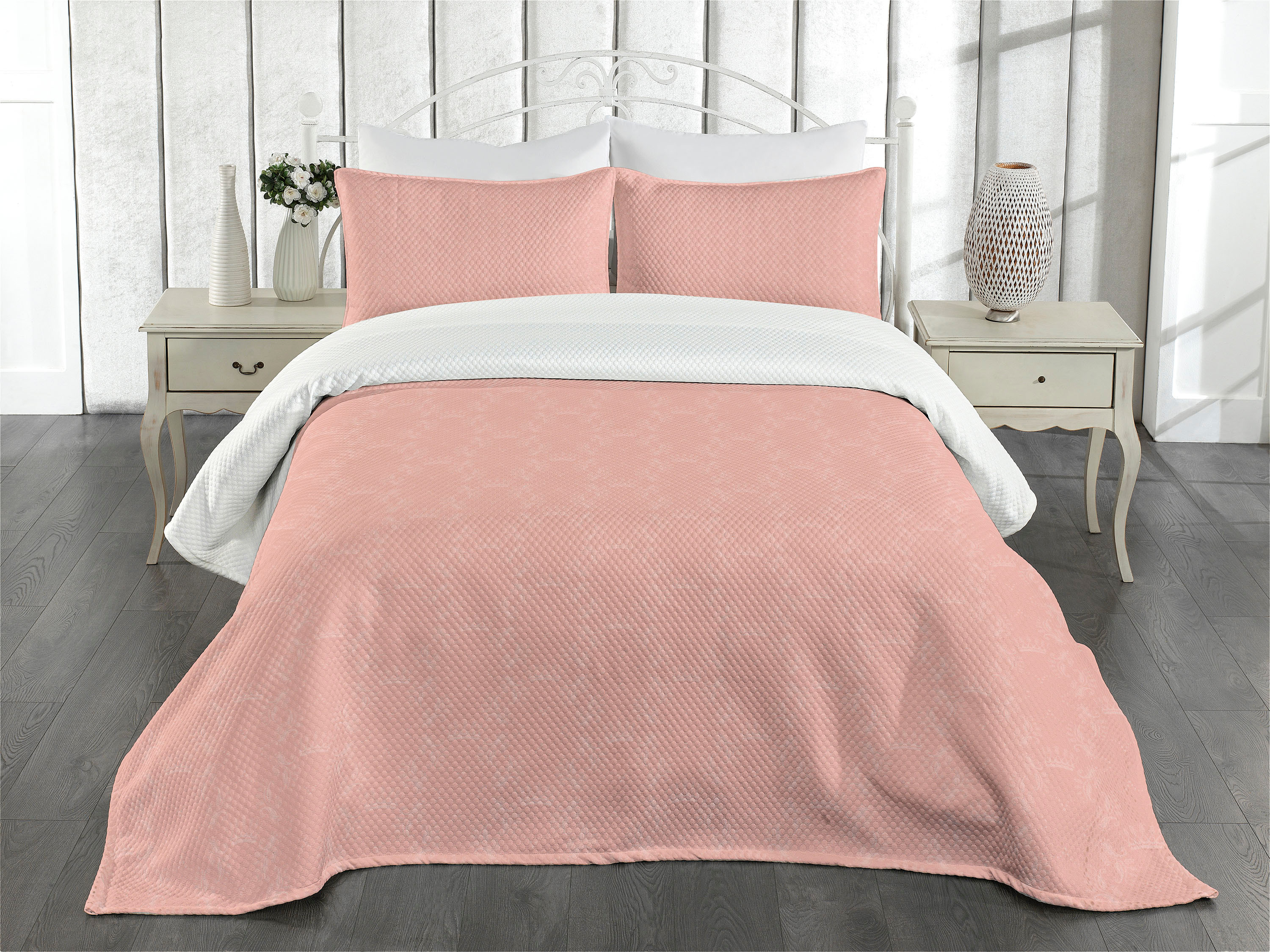 Ambesonne Peach Quilted Bedspread Set 3 Pcs, Soft Crowns Floral Motifs ...