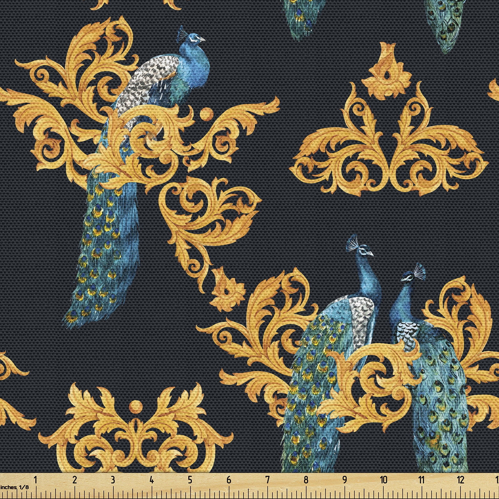 Ambesonne Peacock Fabric by the Yard Upholstery, Exotic Bird Curlicue ...