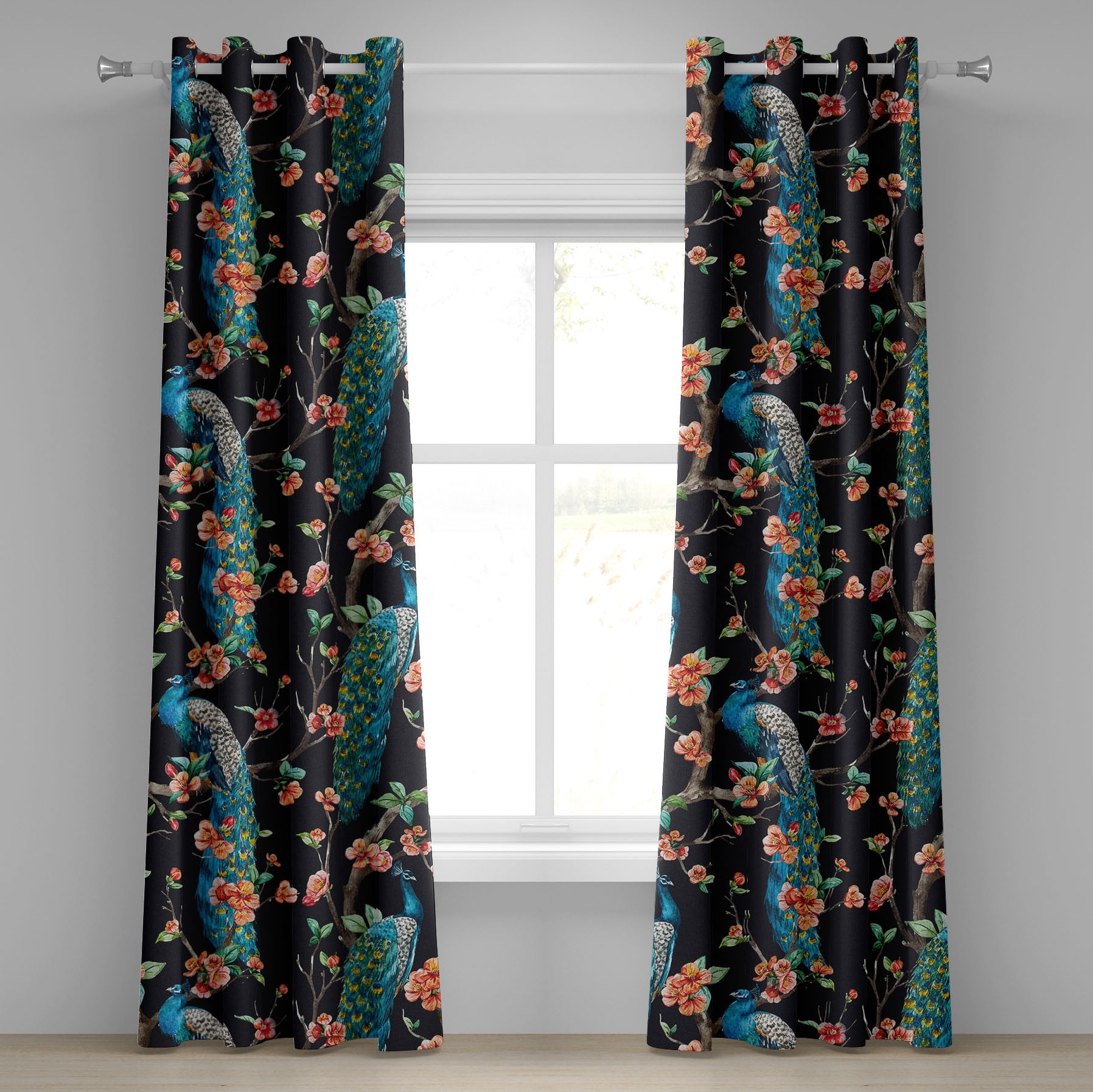 Ambesonne Peacock Grommet Curtain, Birds Blooming Floral Art, 50"x84 ...