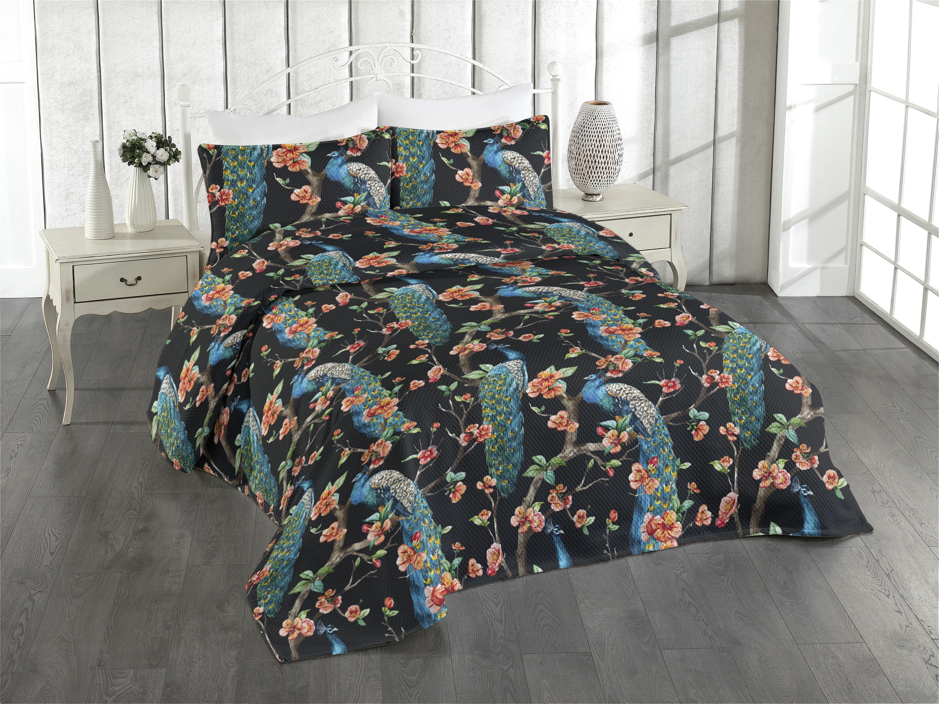 Ambesonne Peacock Quilted Bedspread Set 3 Pcs, Birds Blooming Floral ...