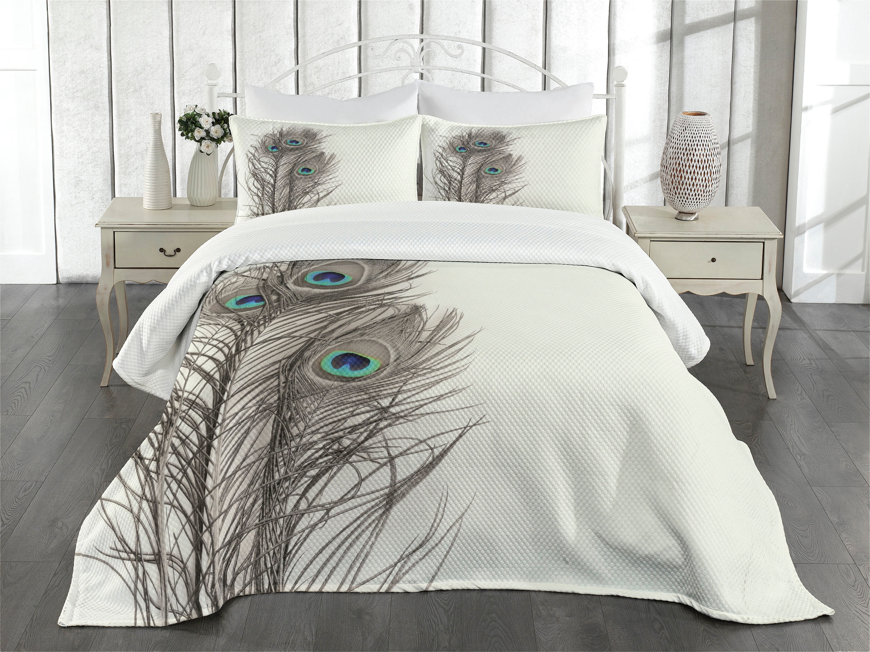 Ambesonne Peacock Quilted Bedspread Set 3 Pcs, Feathers of Exotic Bird ...