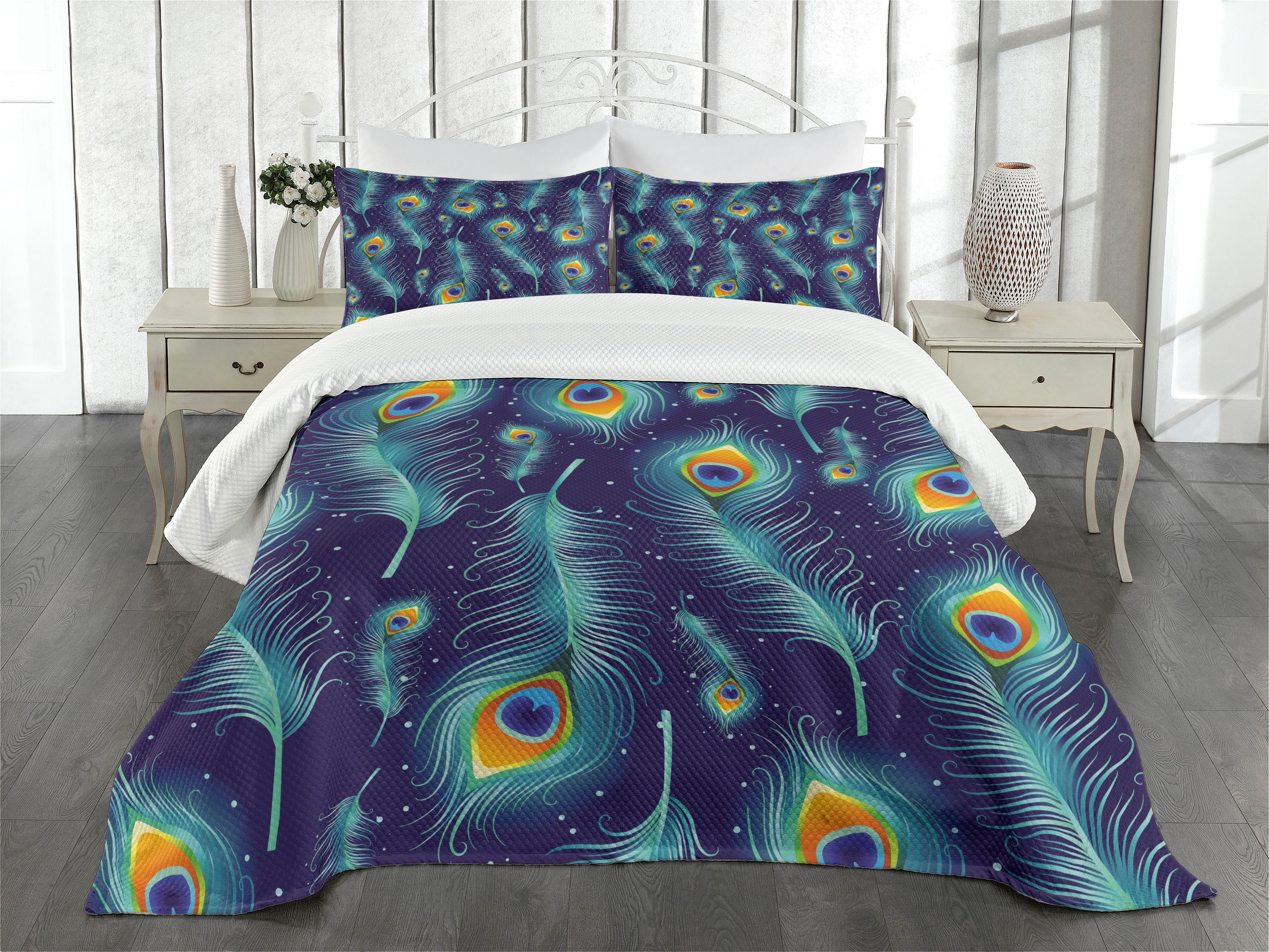 Ambesonne Peacock Quilted Bedspread Set 3 Pcs, Peacock Bird Feathers ...